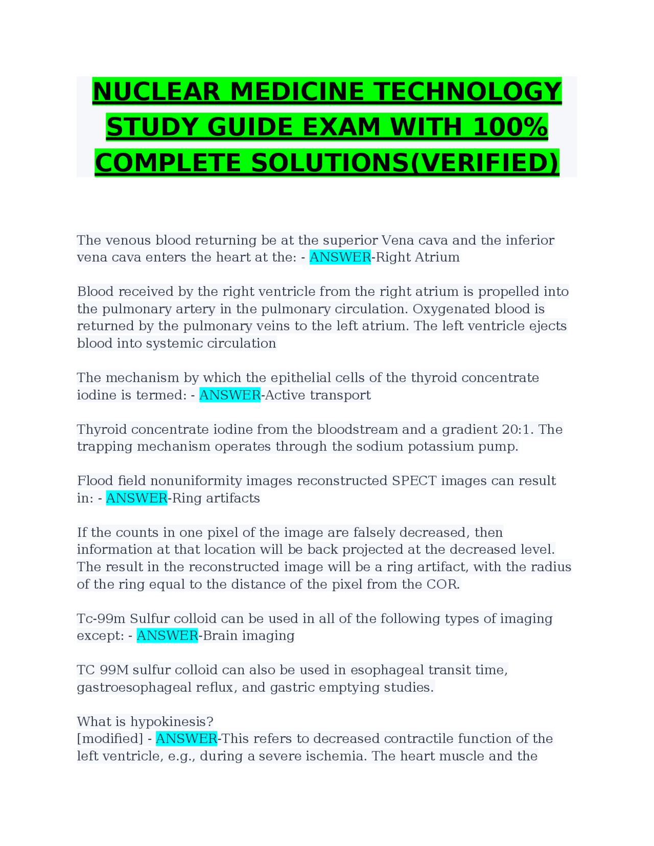 Nuclear Medicine Technology Study Guide Exam | Exams Nursing | Docsity