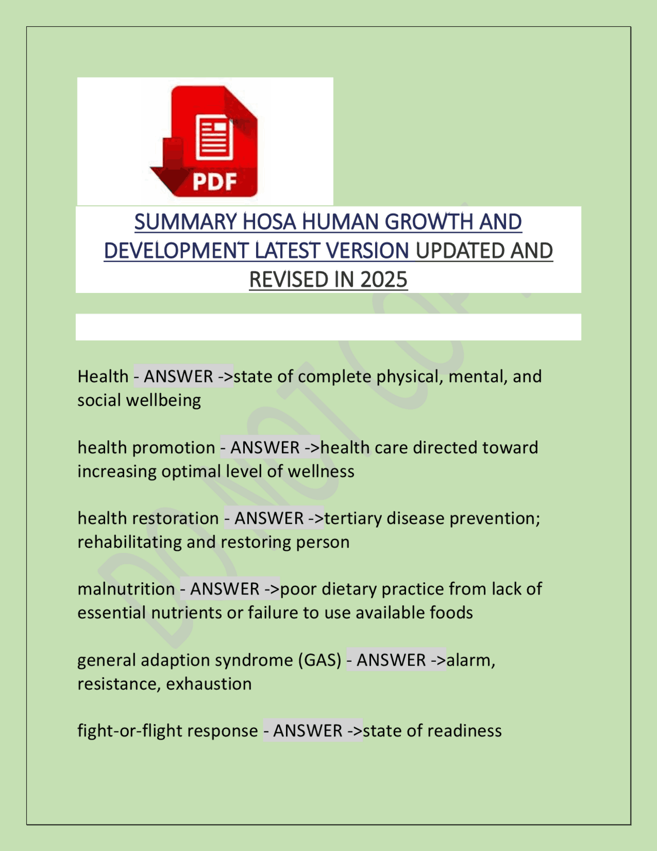 SUMMARY HOSA HUMAN GROWTH AND DEVELOPMENT LATEST VERSION UPDATED AND ...