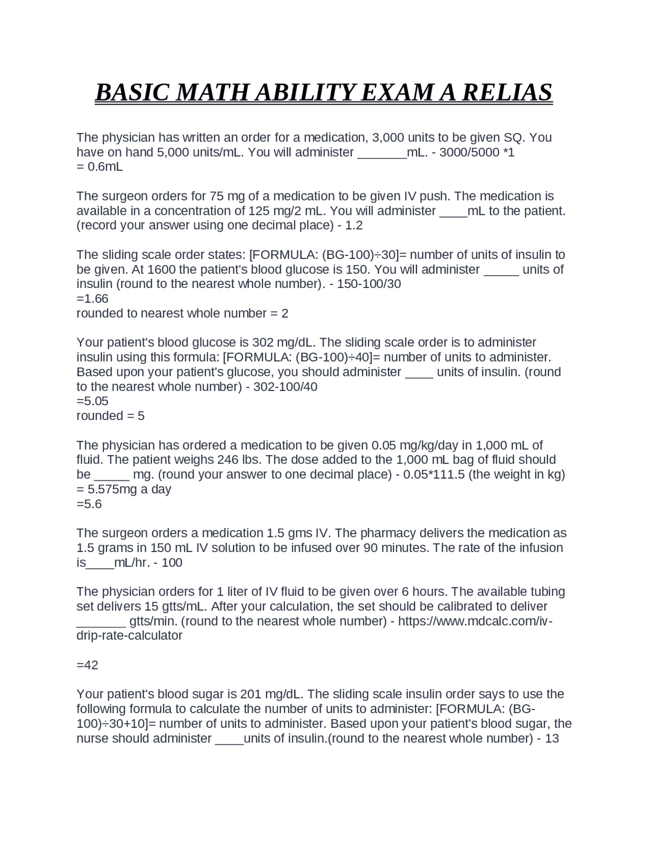BASIC MATH ABILITY EXAM A RELIAS | Exams Advanced Education | Docsity