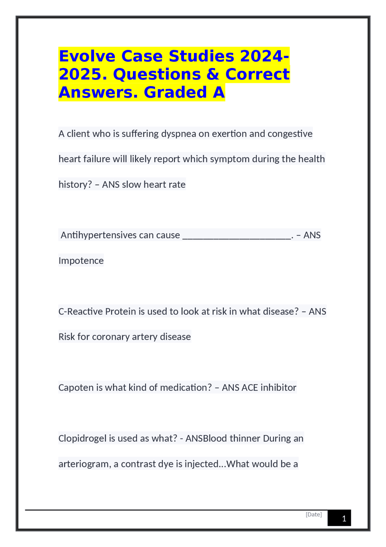 Evolve Case Studies 2024-2025. Questions & Correct Answers. Graded A ...