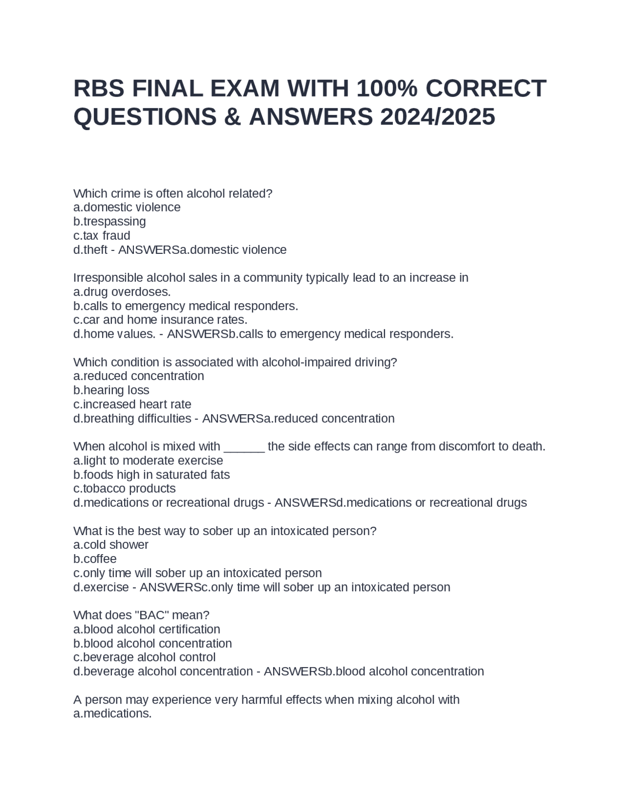 RBS FINAL EXAM WITH 100% CORRECT QUESTIONS & ANSWERS 2024/2025 | Exams Nursing | Docsity