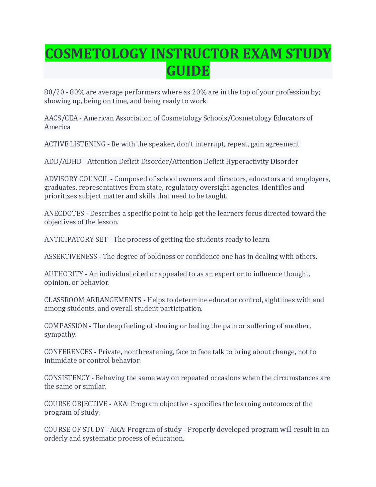 COSMETOLOGY INSTRUCTOR EXAM STUDY GUIDE | Exams Advanced Education ...