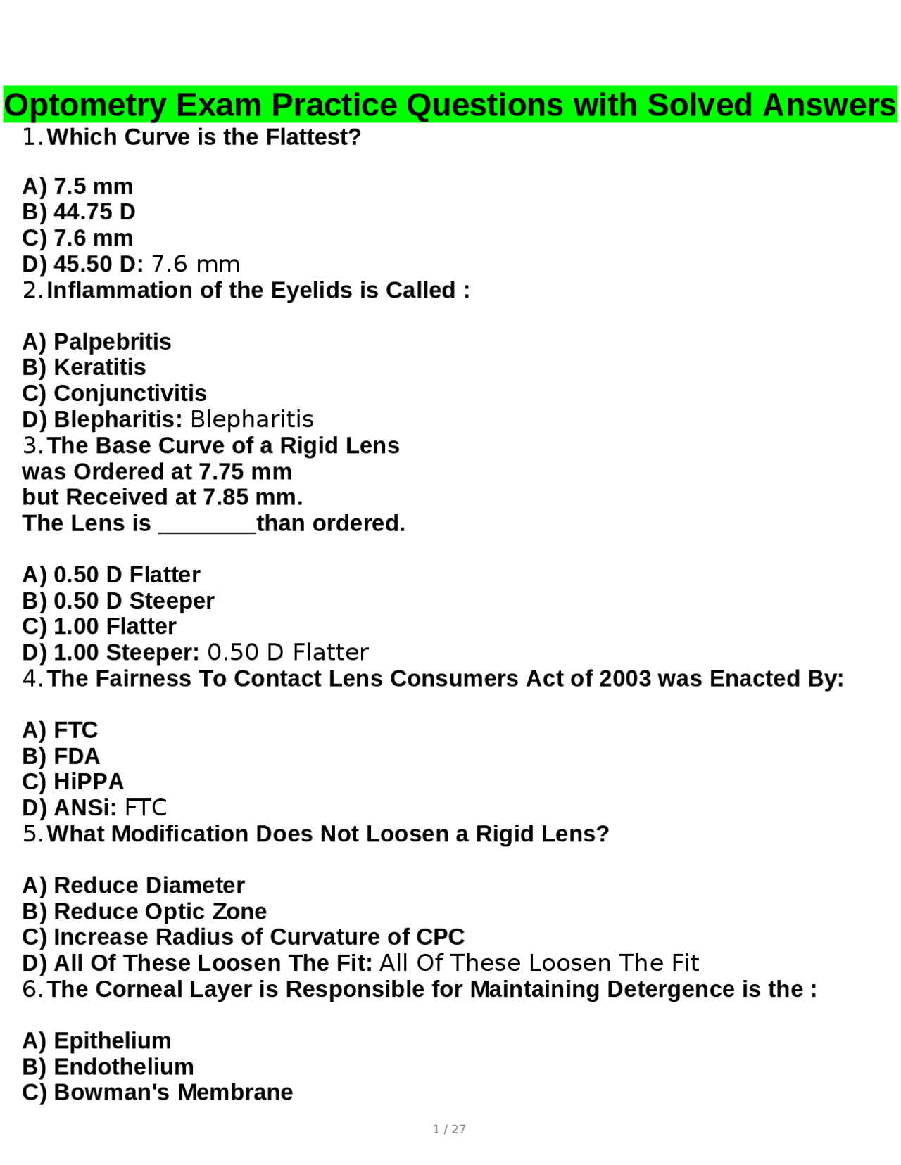 Optometry Exam Practice Questions with Solved Answers | Exams Ophthalmology | Docsity