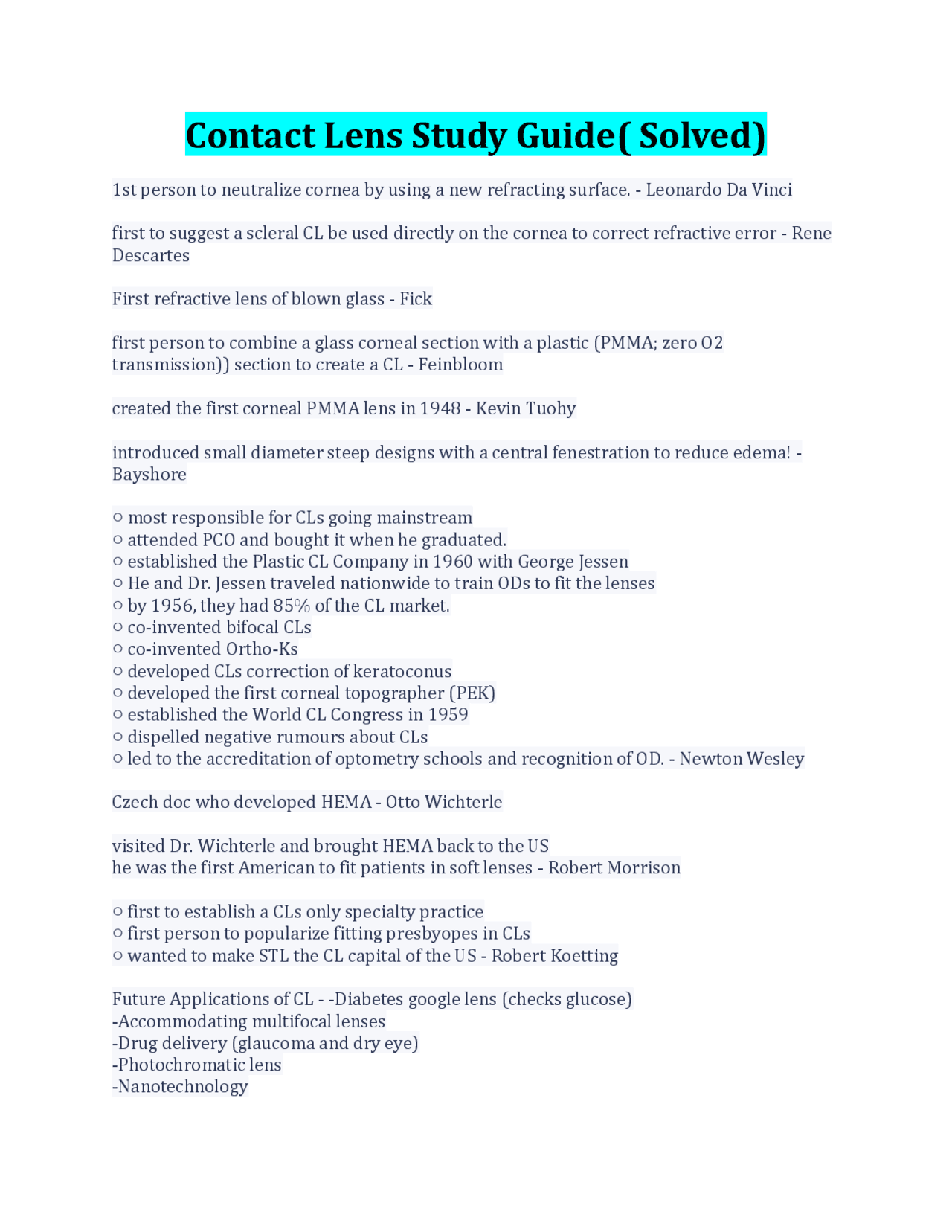 Contact Lens Study Guide: Solved Exercises and Questions | Exams ...