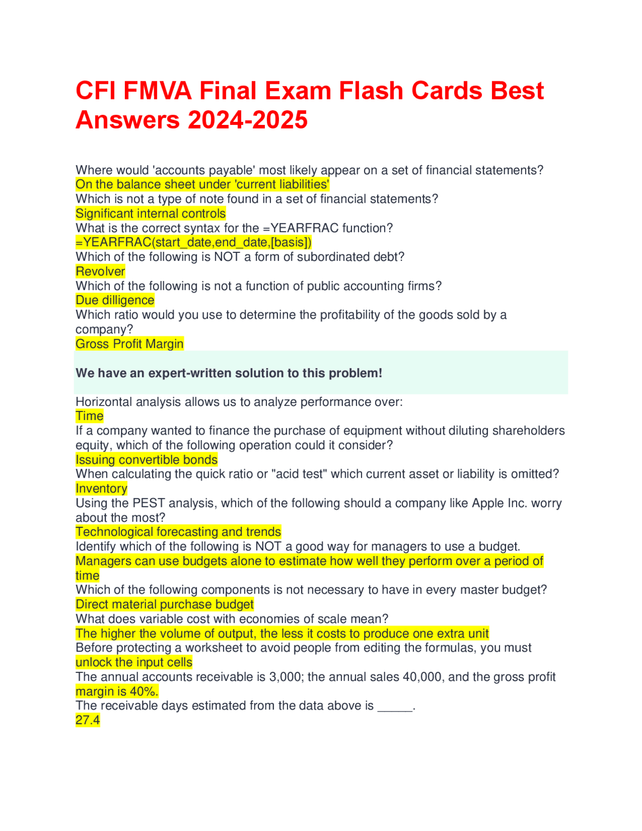 CFI FMVA Final Exam Flash Cards Best Answers 2024-2025 | Exams Accounting | Docsity