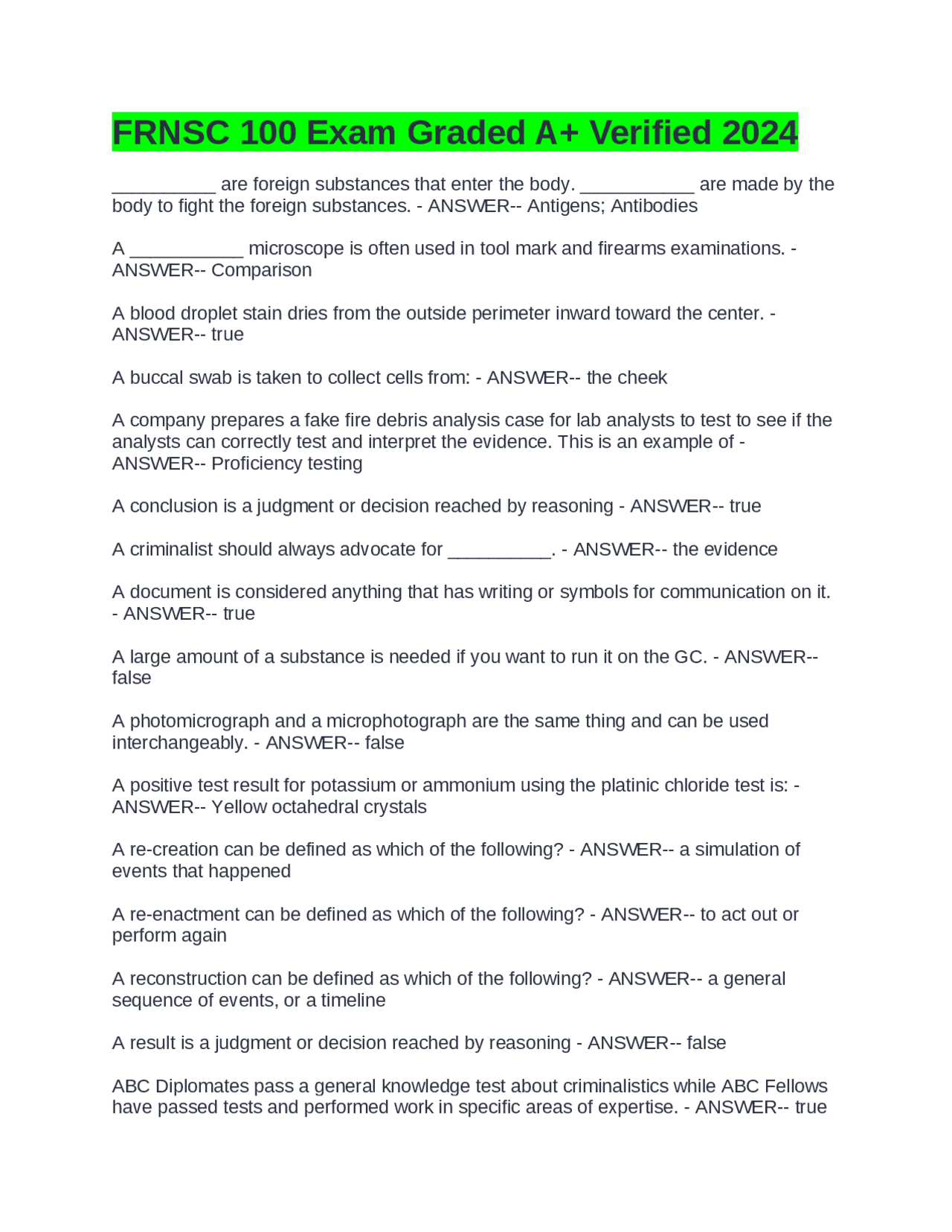 Forensic Science Exam Questions and Answers | Exams Forensics | Docsity