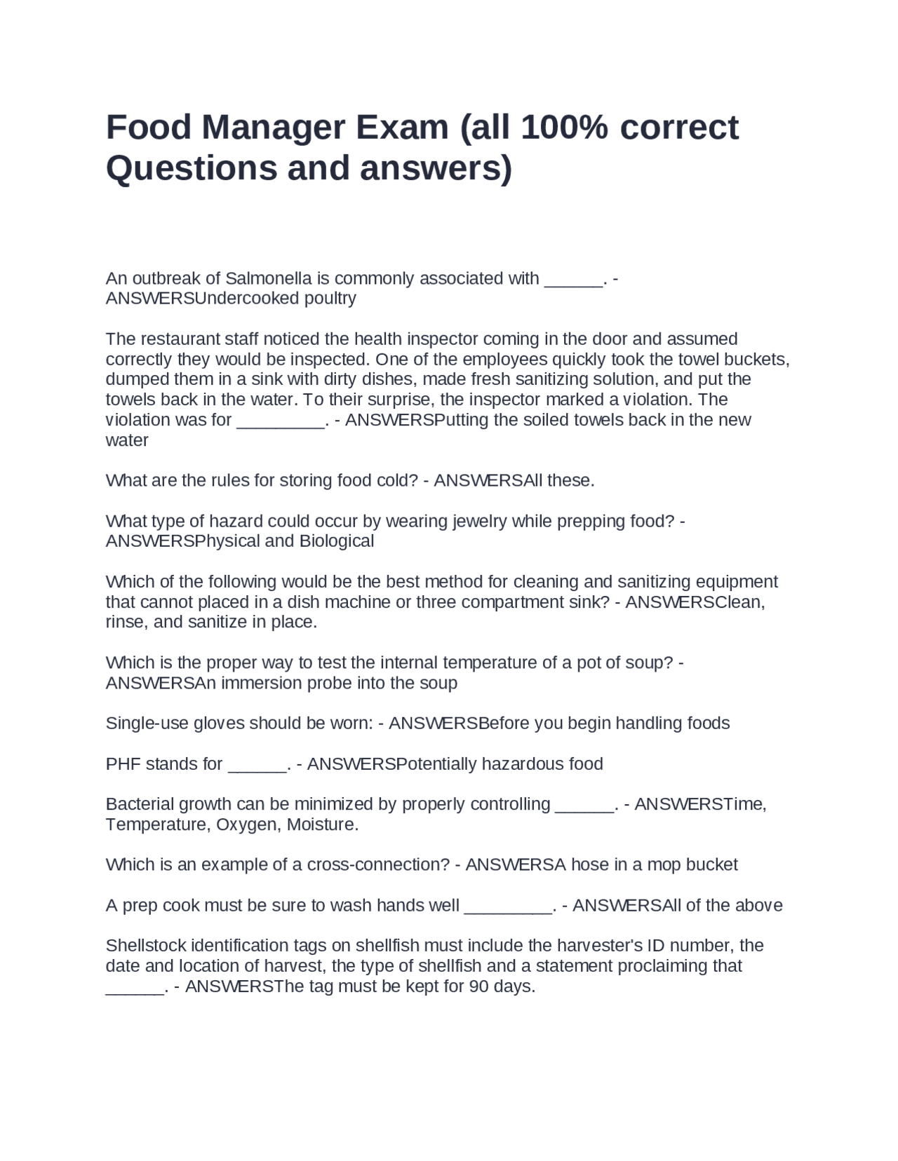 Food Manager Exam: Questions and Answers for Food Safety | Exams Food ...