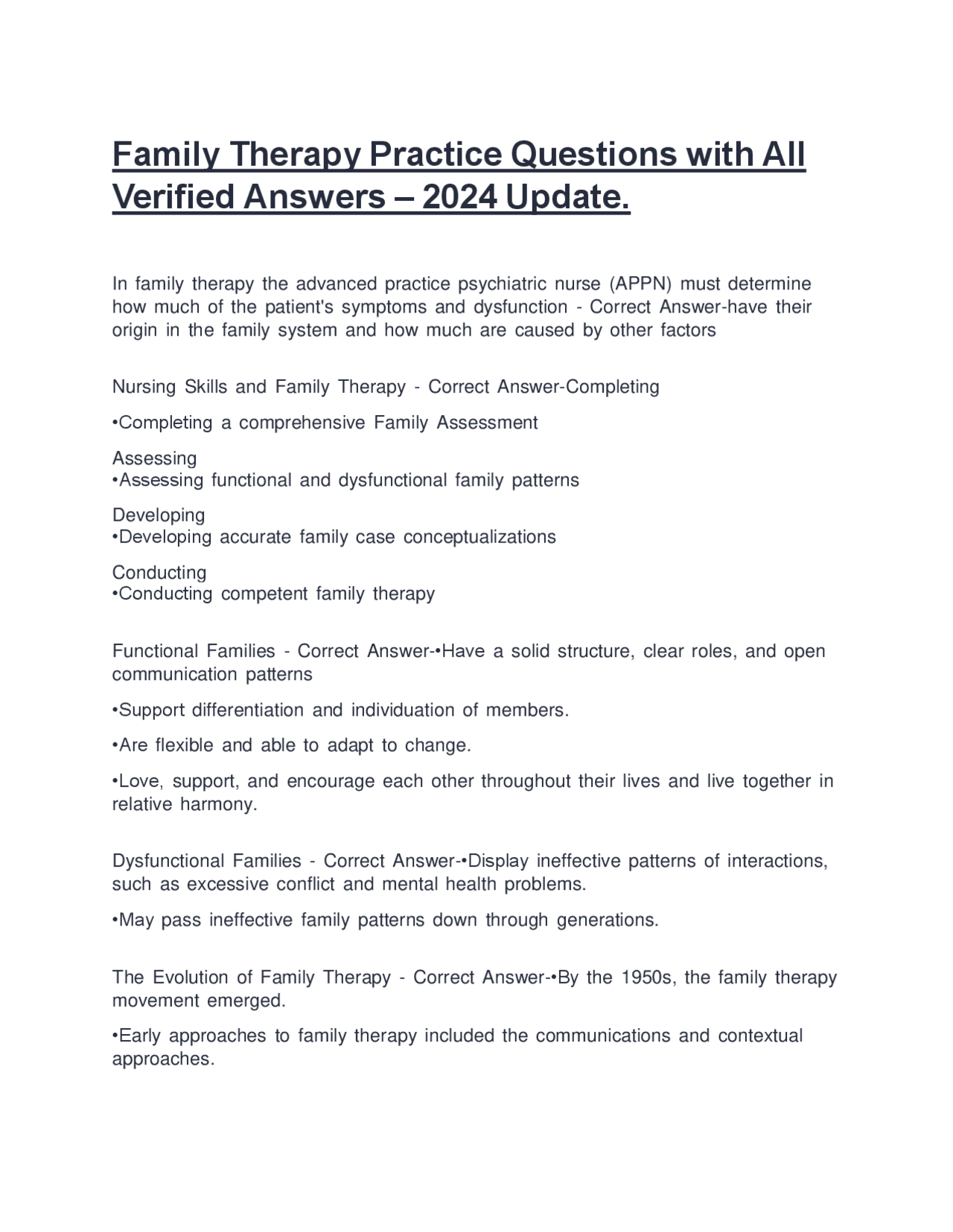 Family Therapy Practice Questions with All Verified Answers – 2024 ...