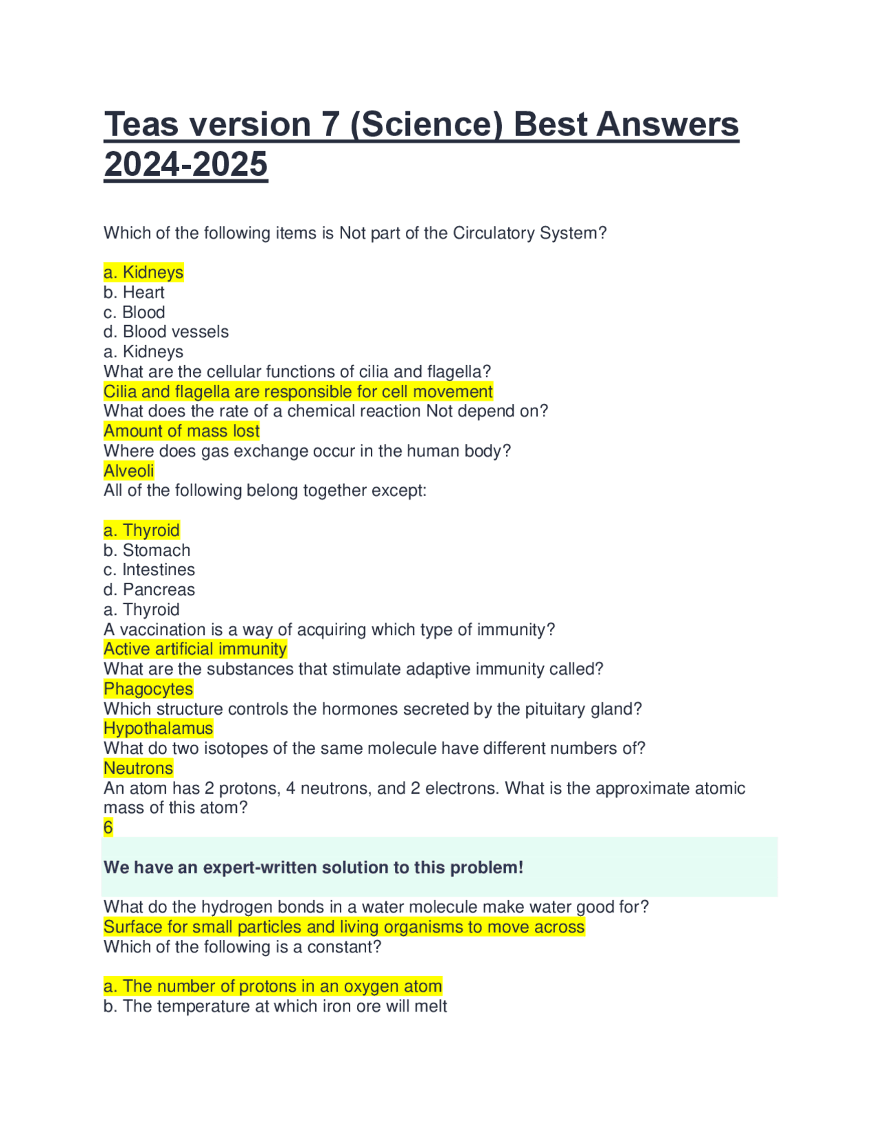 Teas version 7 (Science) Best Answers 2024-2025 | Exams Biology | Docsity