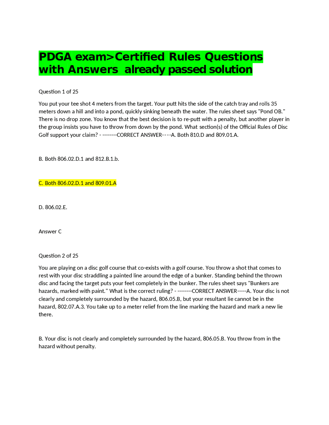PDGA Exam: Certified Rules Questions with Answers | Exams Nursing | Docsity