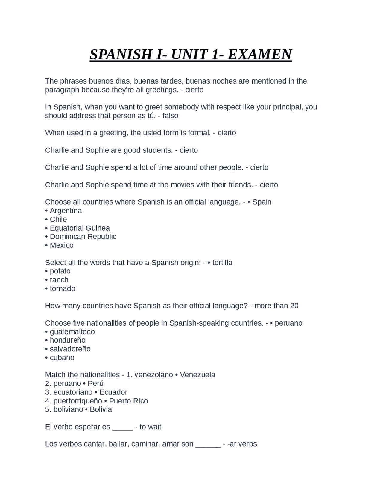 SPANISH I- UNIT 1- EXAMEN 2025 | Exams Advanced Education | Docsity