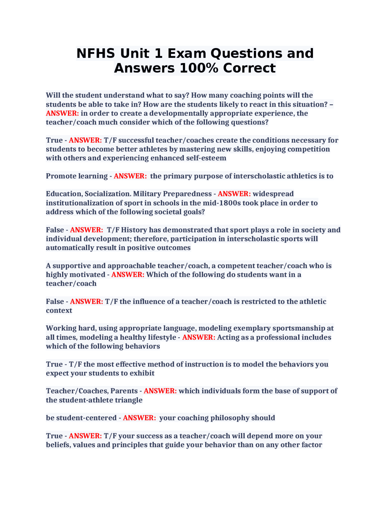NFHS Unit 1 Exam Questions and Answers 100% Correct | Exams Advanced ... NFHS Unit 1 Exam Questions and Answers 100% Correct | Exams Advanced ...