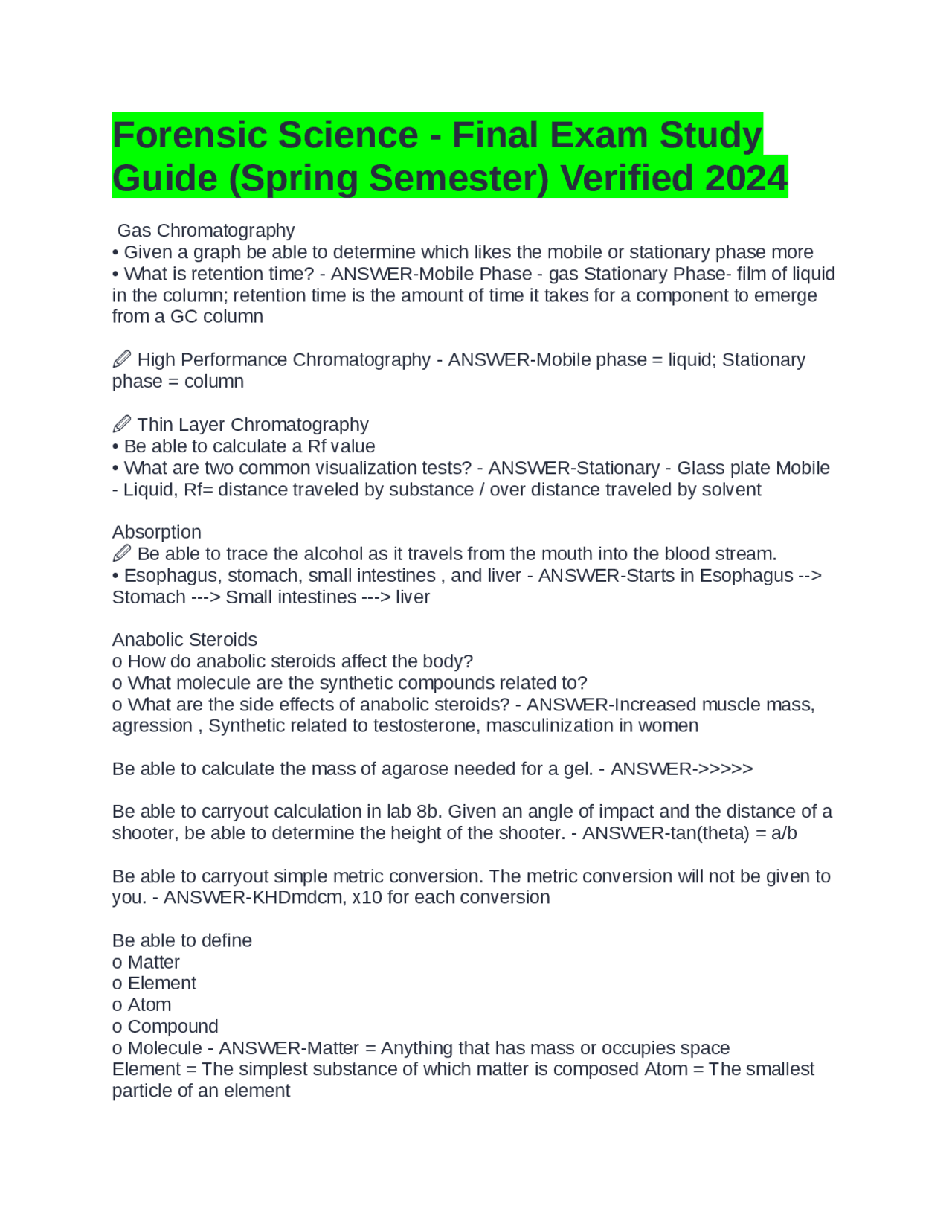 Forensic Science Final Exam Study Guide: Spring Semester 2024 | Exams ...