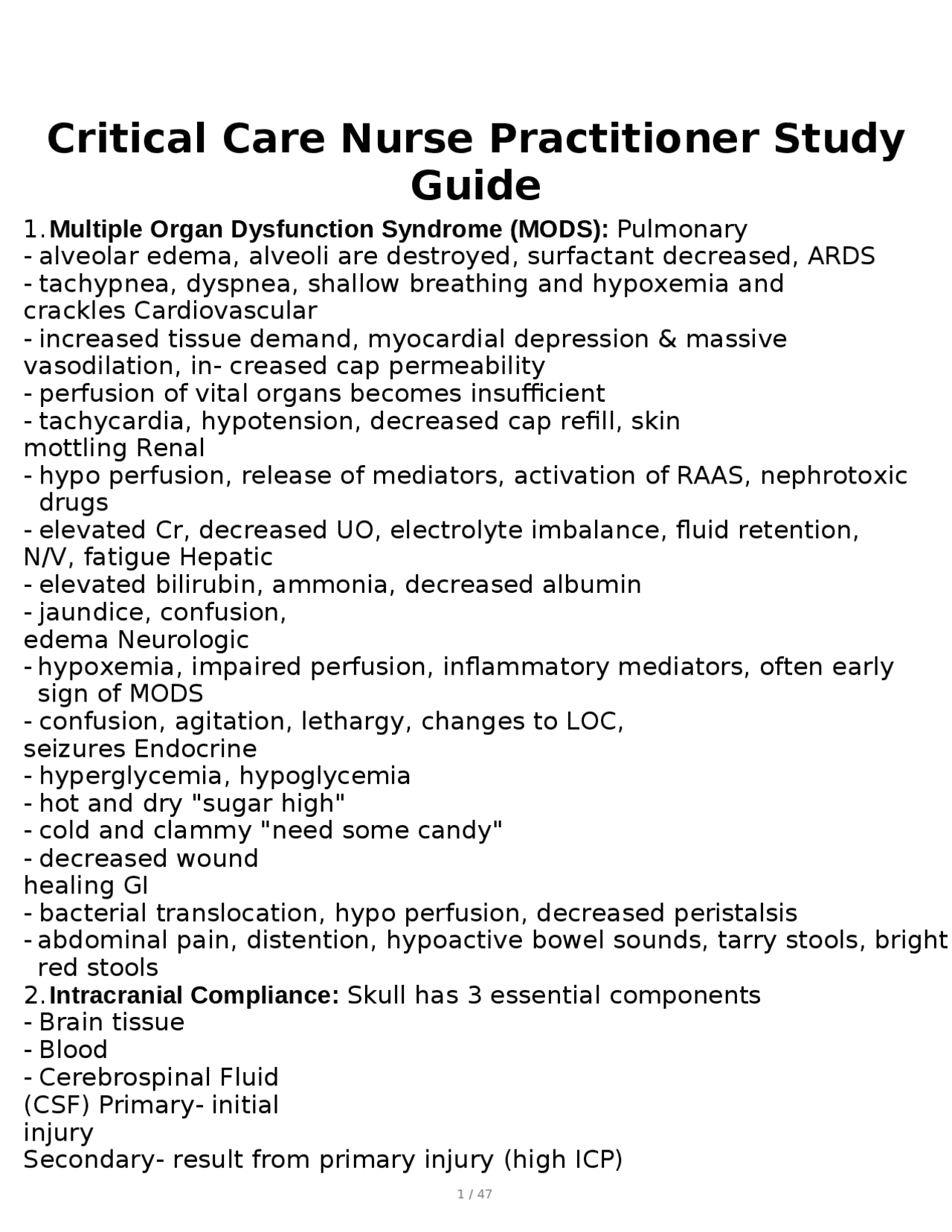 Critical Care Nurse Practitioner Study Guide | Exams Nursing | Docsity