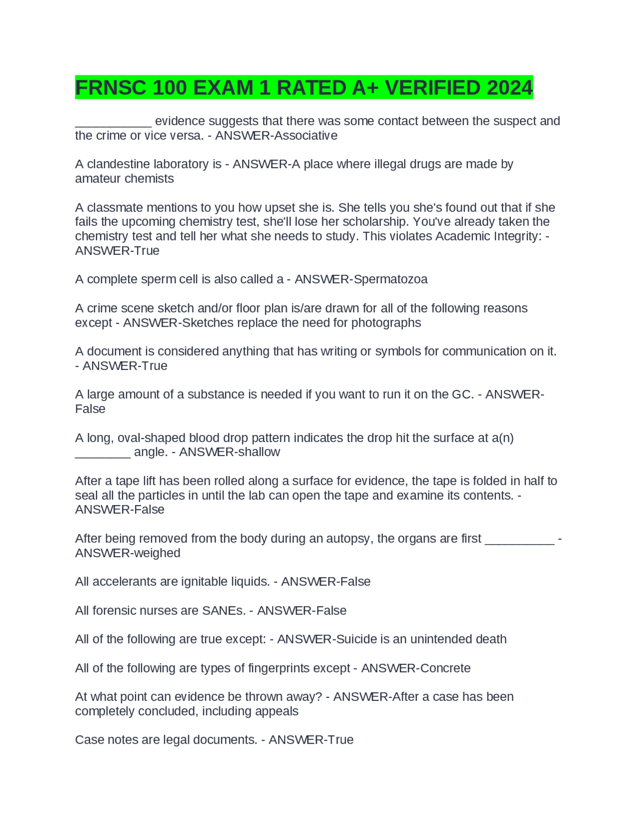 FRNSC 100 Exam 1: Forensic Science Multiple Choice Questions and ...