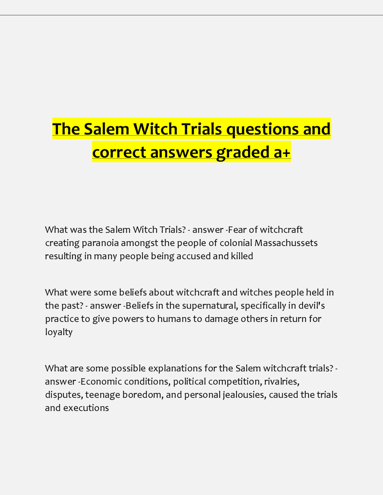 Salem Witch Trials: Questions and Answers | Exams Nursing | Docsity