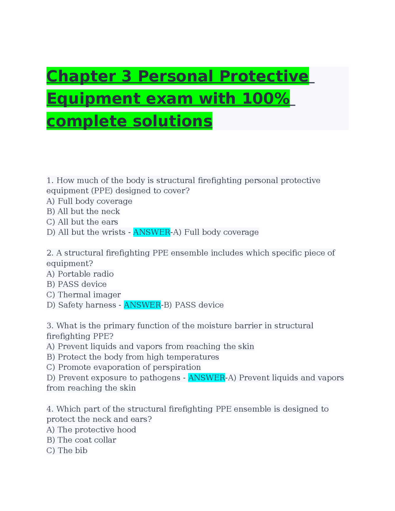 Fire Safety: Personal Protective Equipment (PPE) Exam with Solutions ...