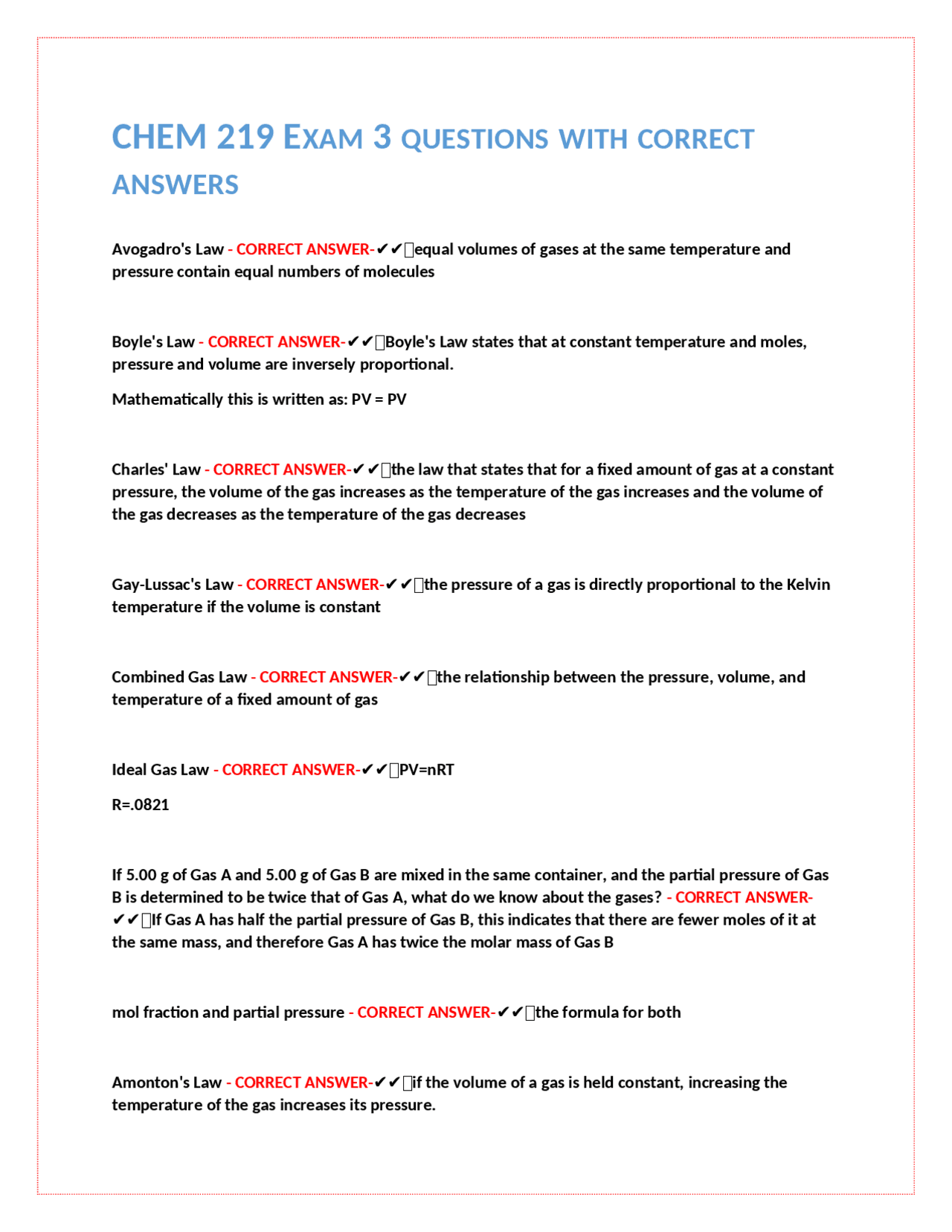 CHEM 219 EXAM 3 QUESTIONS WITH CORRECT ANSWERS | Exams Chemistry | Docsity