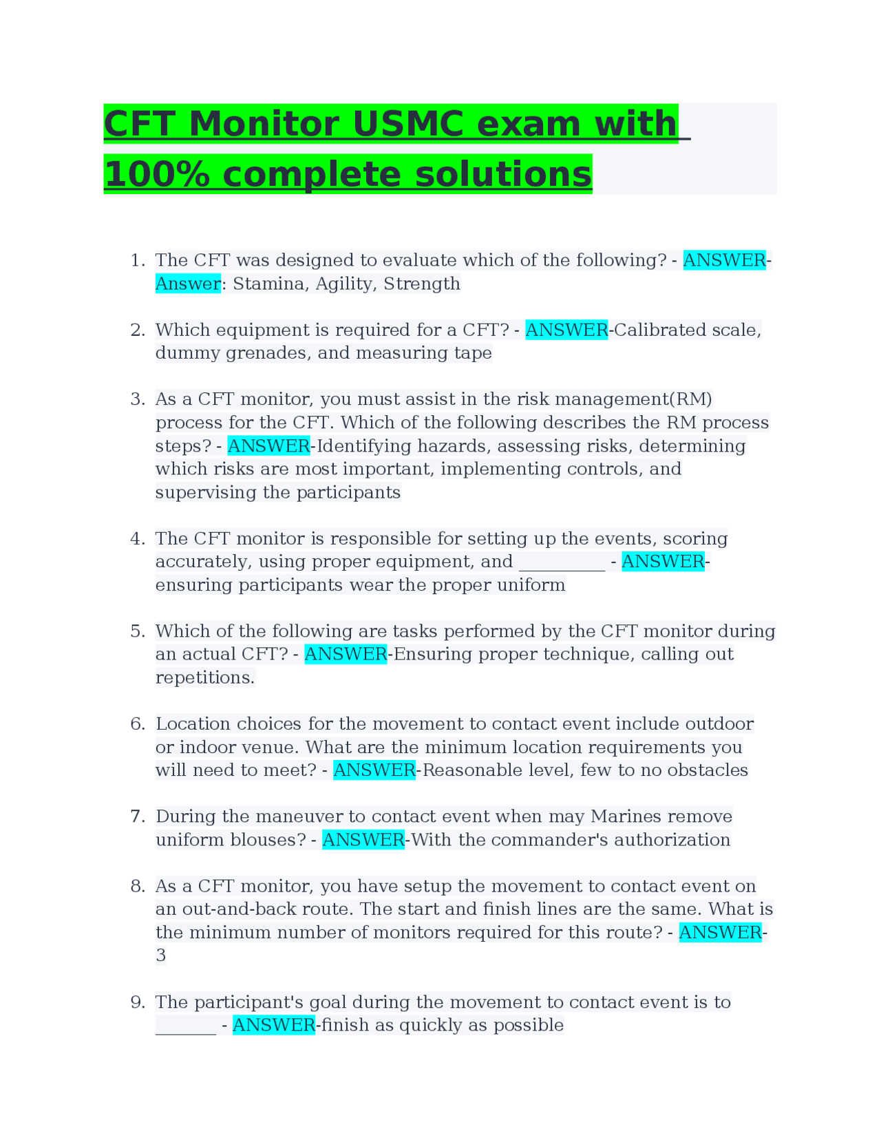 USMC CFT Monitor Exam: Comprehensive Guide with Solutions | Exams ...