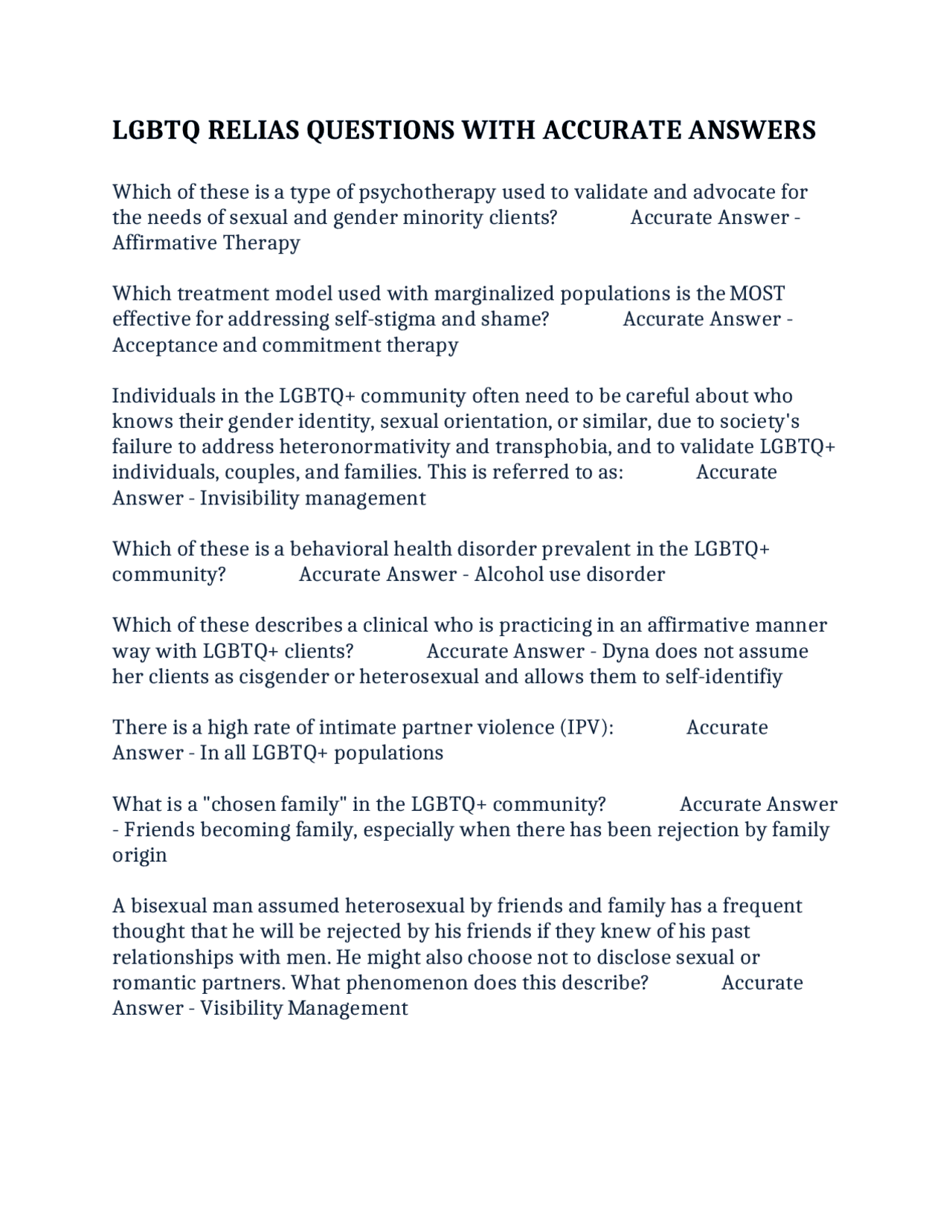 LGBTQ RELIAS QUESTIONS WITH ACCURATE ANSWERS | Exams Public Health ...