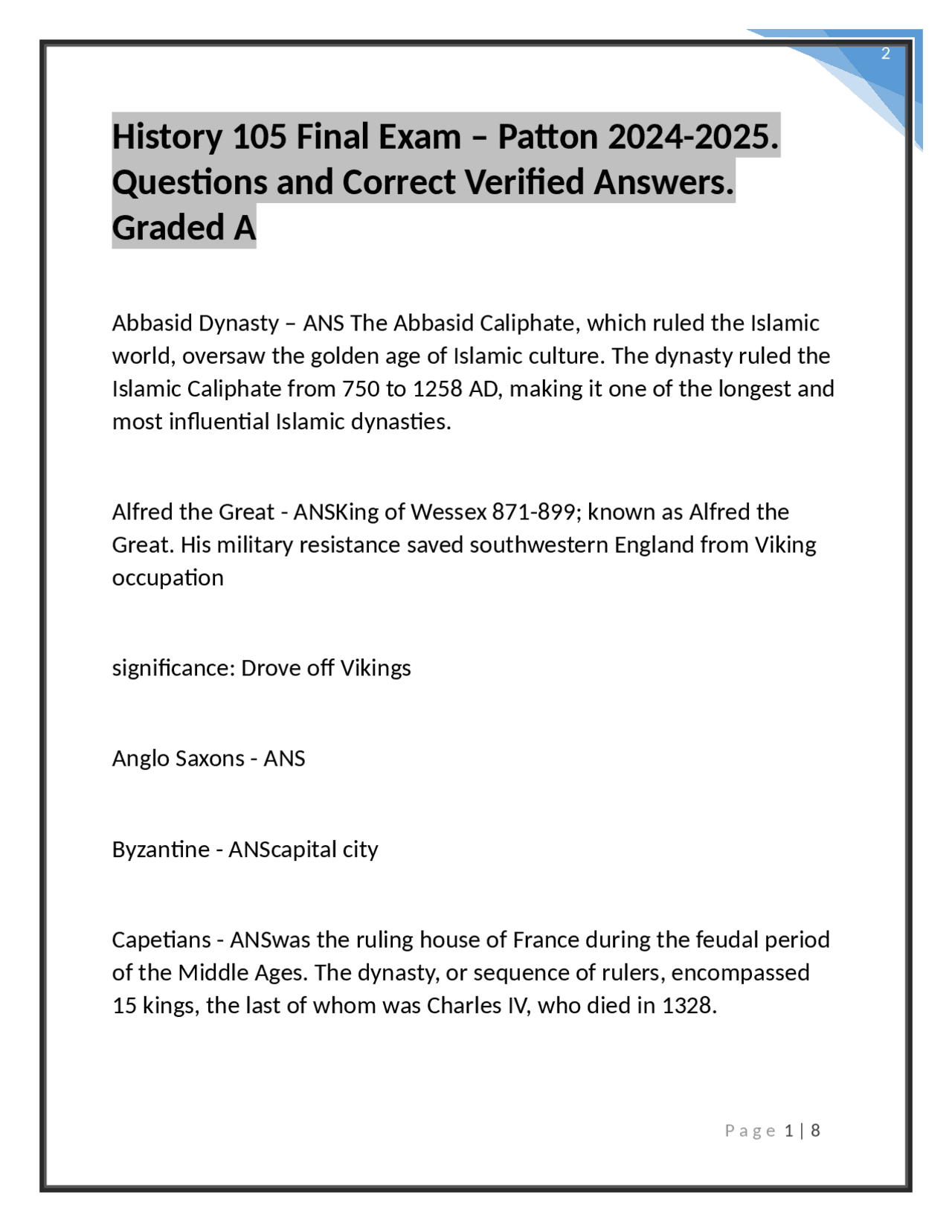 History 105 Final Exam - Patton 2024-2025: Questions and Answers ...