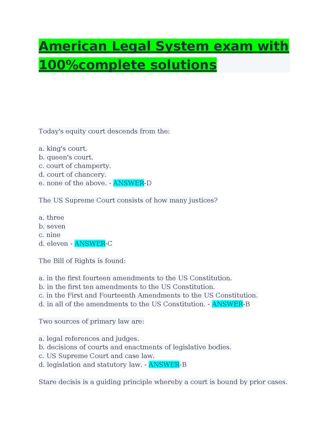 American Legal System Exam with Solutions | Exams Nursing | Docsity