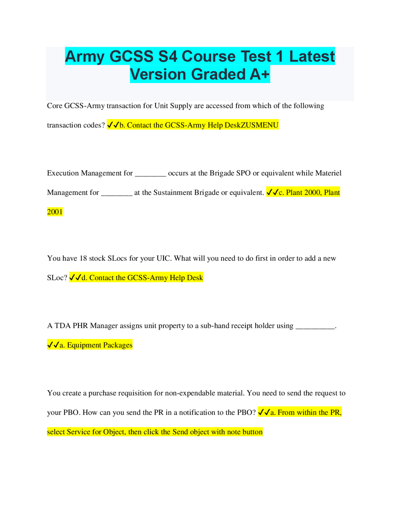 GCSS-Army Course Test 1: Multiple Choice Questions and Answers | Exams ...