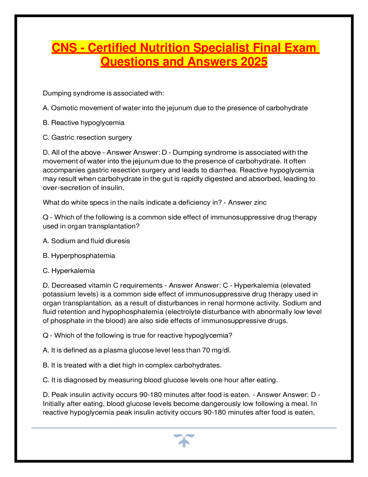CNS - Certified Nutrition Specialist Final Exam Questions and Answers ...