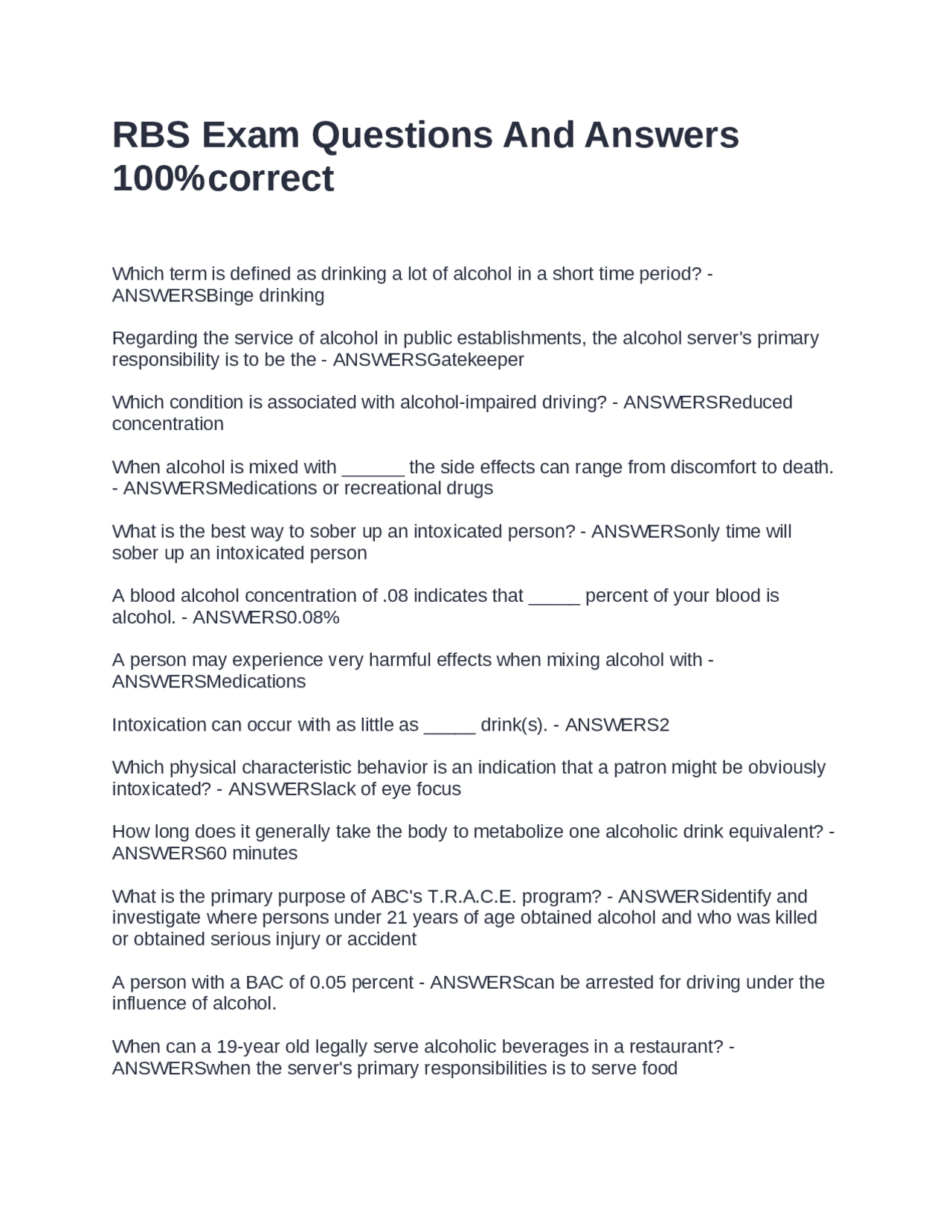 RBS Exam Questions And Answers 100%correct | Exams Nursing | Docsity