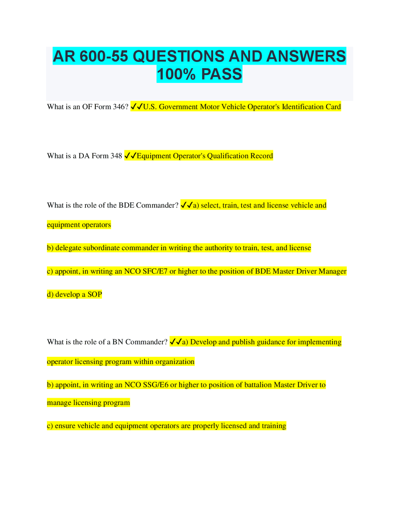 AR 600-55 QUESTIONS AND ANSWERS 100% PASS | Exams Military Strategy and Training | Docsity