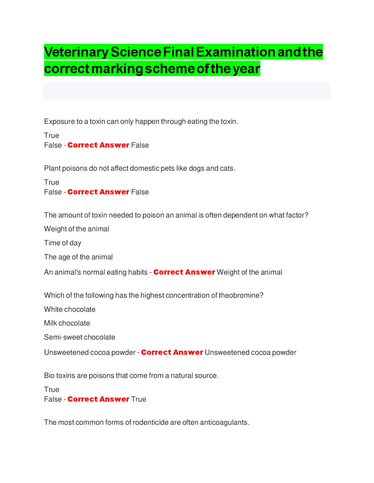 Veterinary Science Final Examination: Multiple Choice Questions and ...