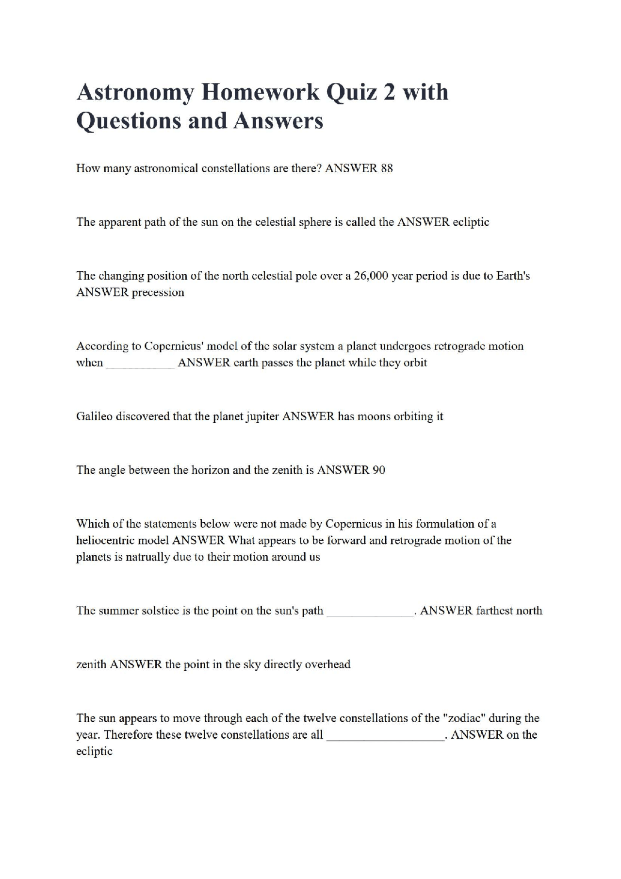 Astronomy Homework Quiz 2 with Questions and Answers | Exams Astronomy | Docsity