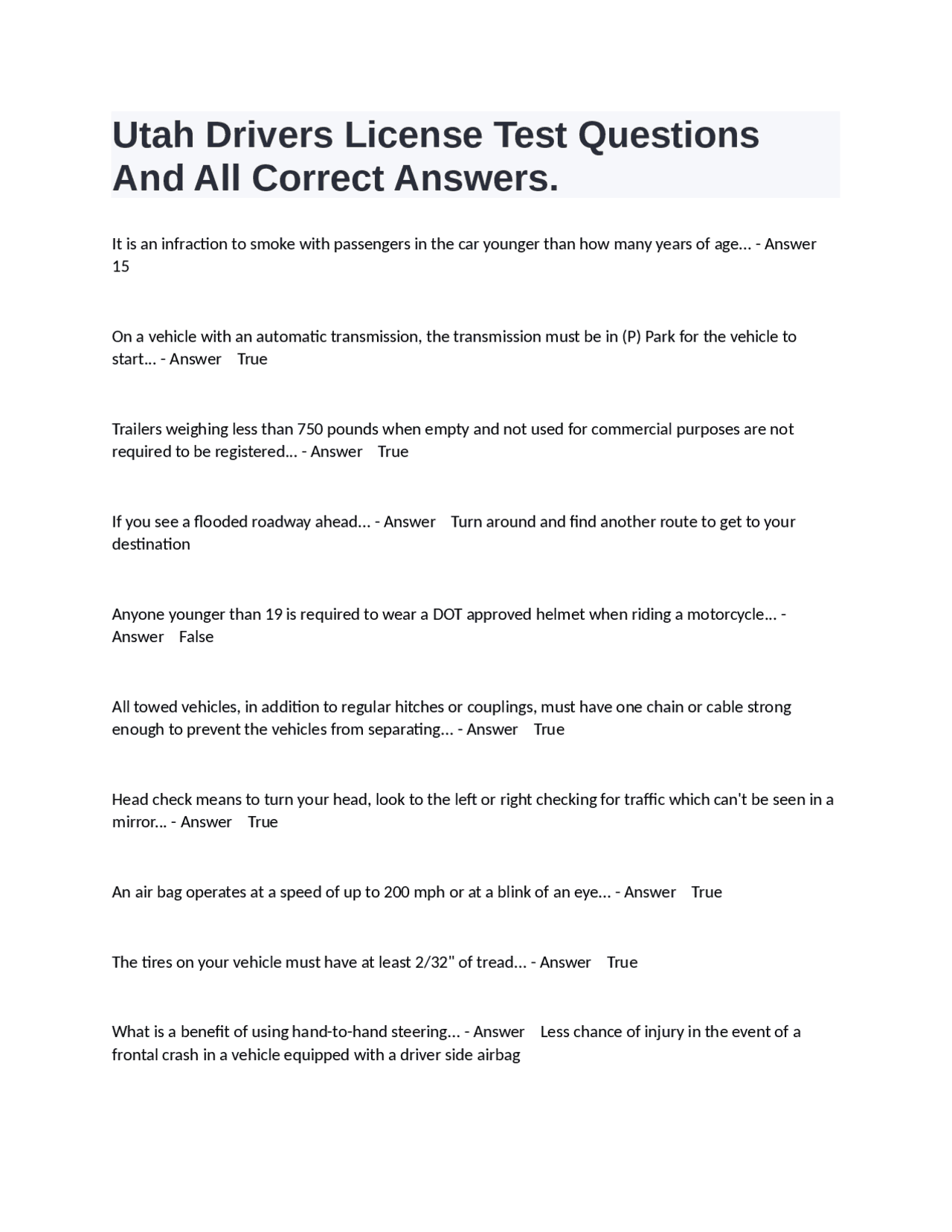 Utah Drivers License Test Questions And All Correct Answers. | Exams ...
