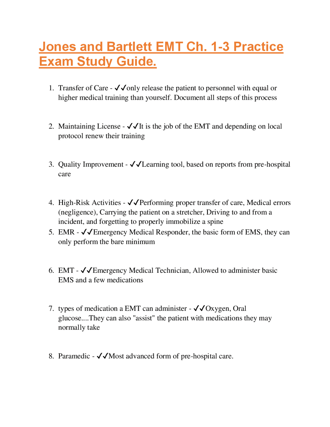 Jones and Bartlett EMT Ch. 1-3 Practice Exam Study Guide. | Exams ...
