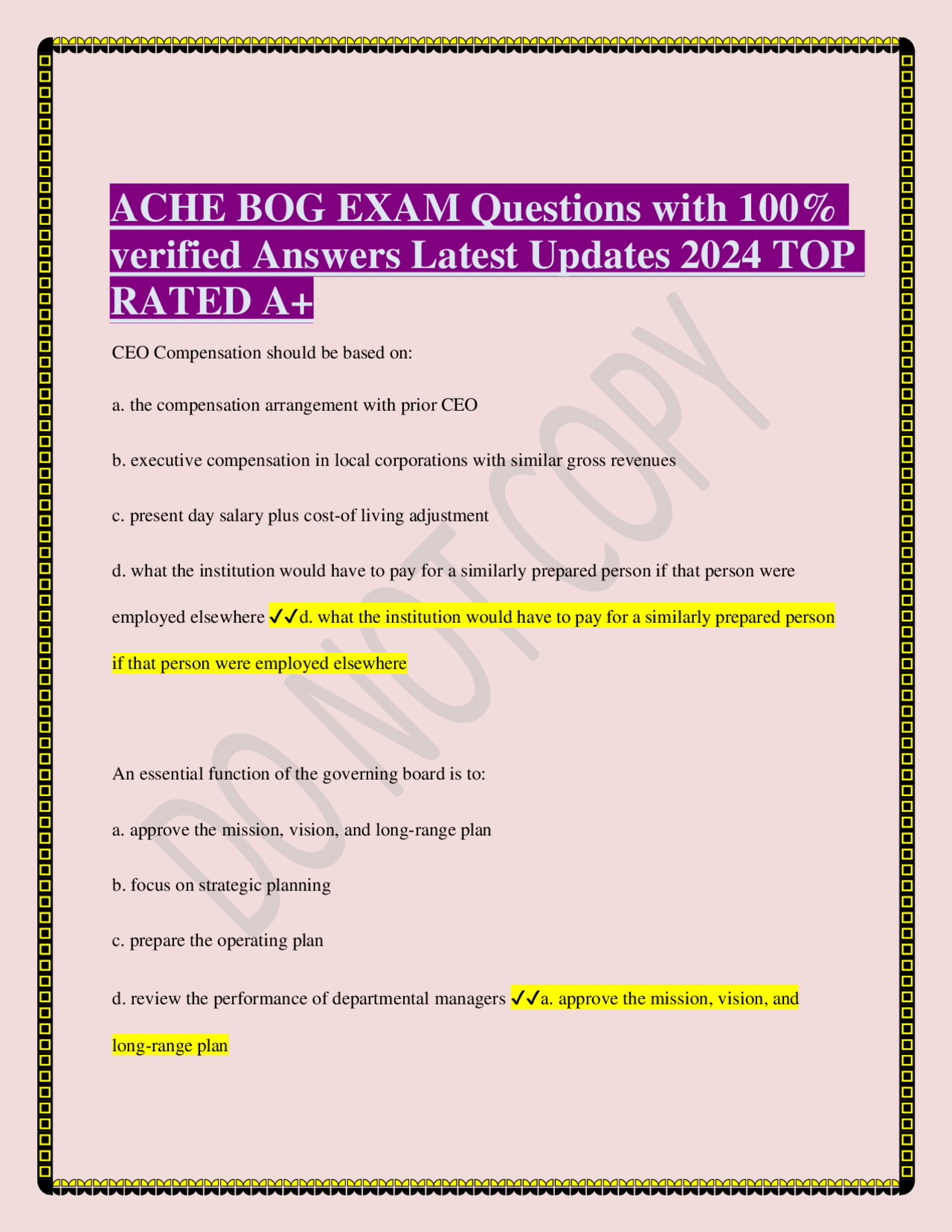 ACHE BOG EXAM Questions with 100% verified Answers Latest Updates 2024 ...