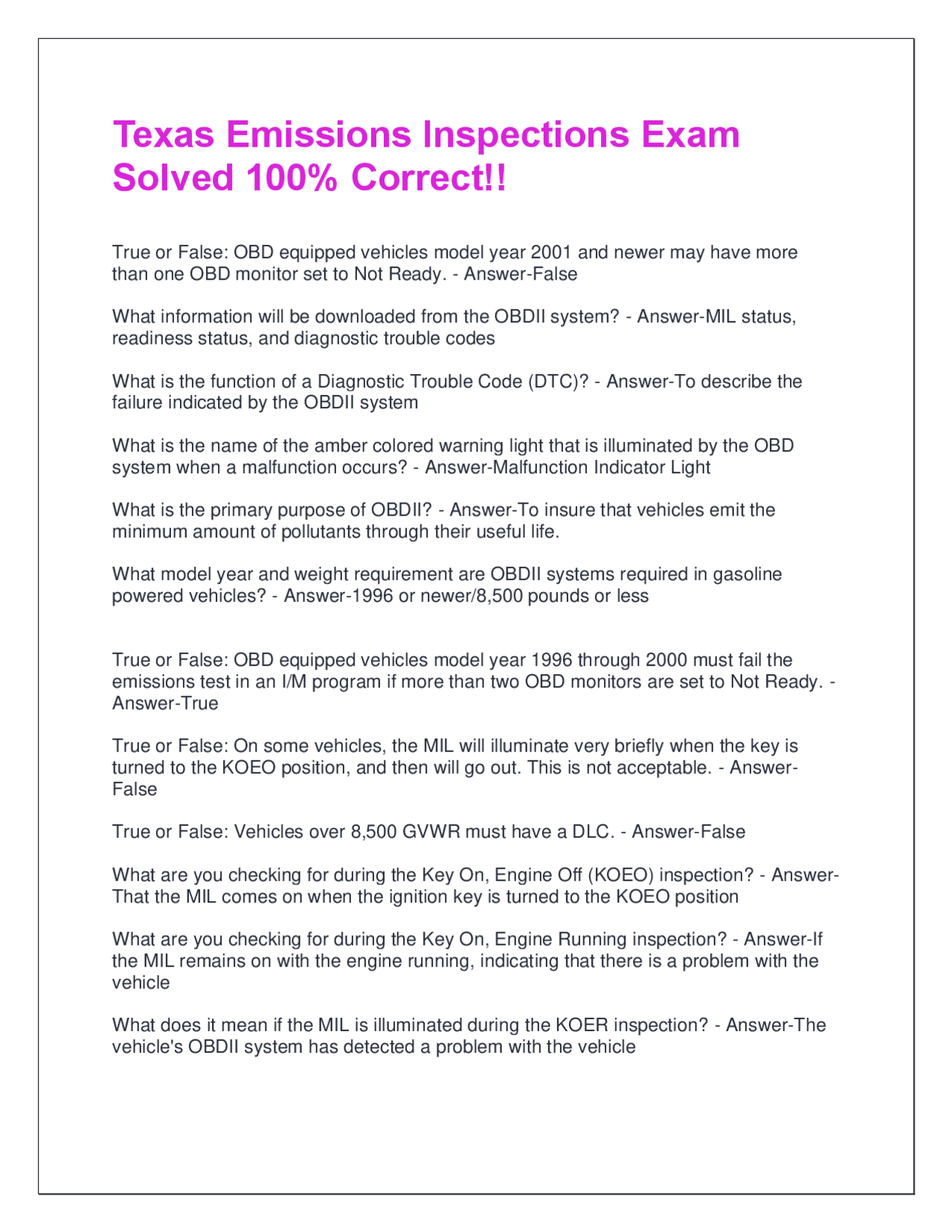 Texas Emissions Inspections Exam: Solved Questions and Answers | Exams ...