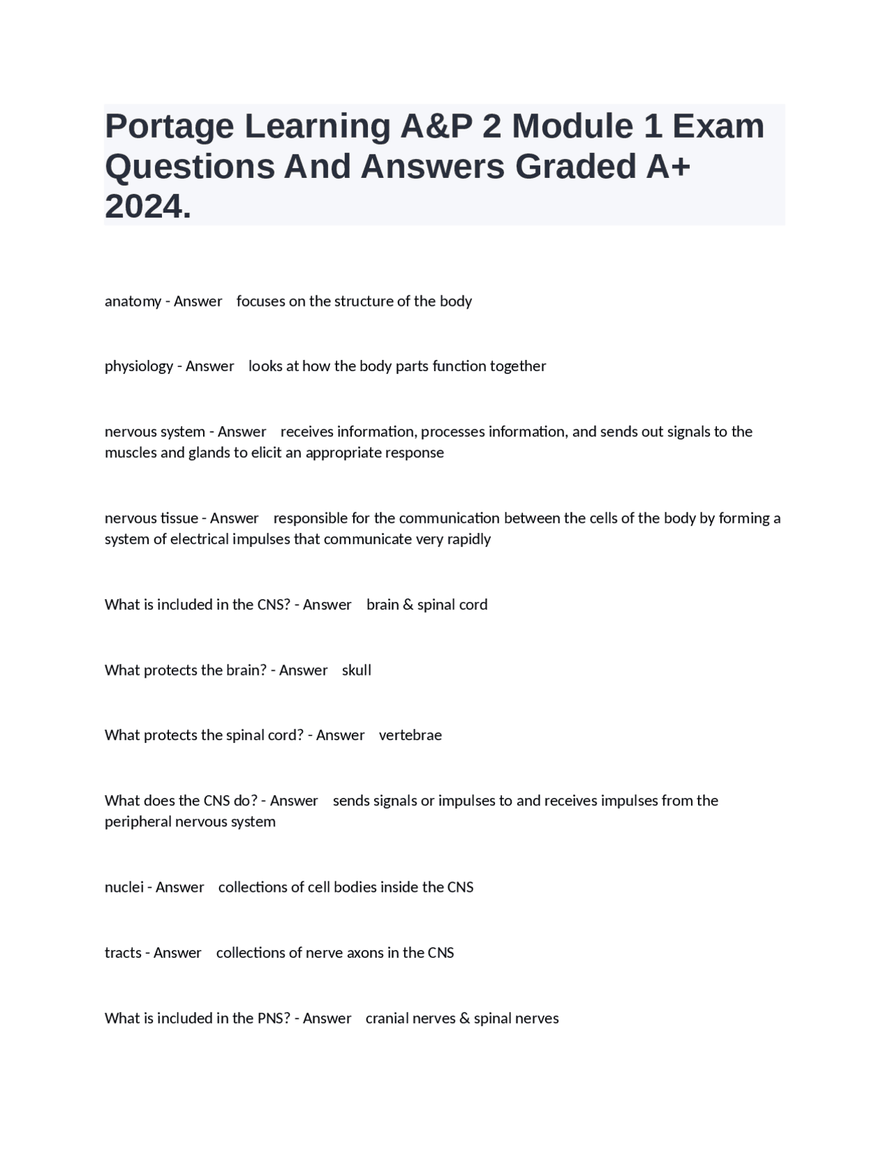 Portage Learning A&P 2 Module 1 Exam Questions and Answers | Exams ...