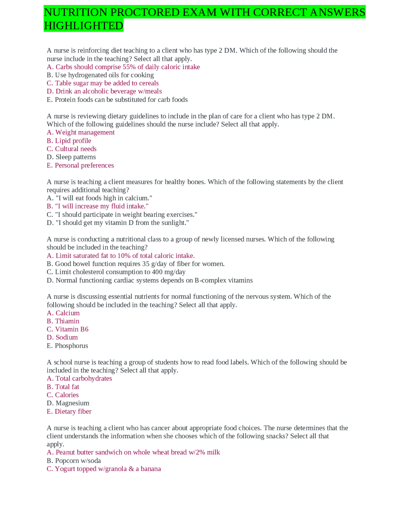 Nutrition Proctored Exam with Correct Answers Highlighted | Exams Nursing | Docsity