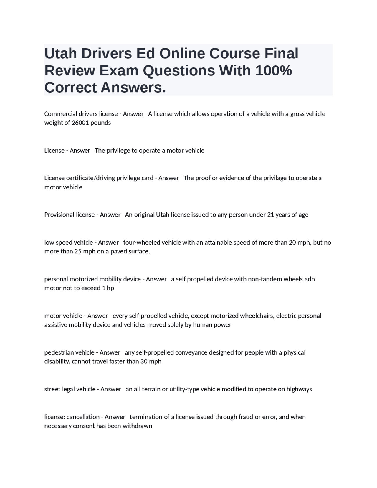 Utah Drivers Education Online Course Final Review Exam Questions | Exams Advanced Education ...
