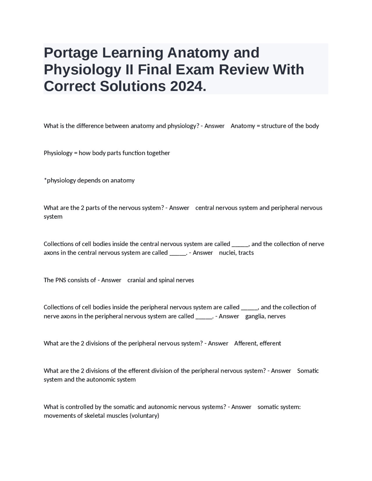 Portage Learning Anatomy and Physiology II Final Exam Review With Correct Solutions 2024 ...