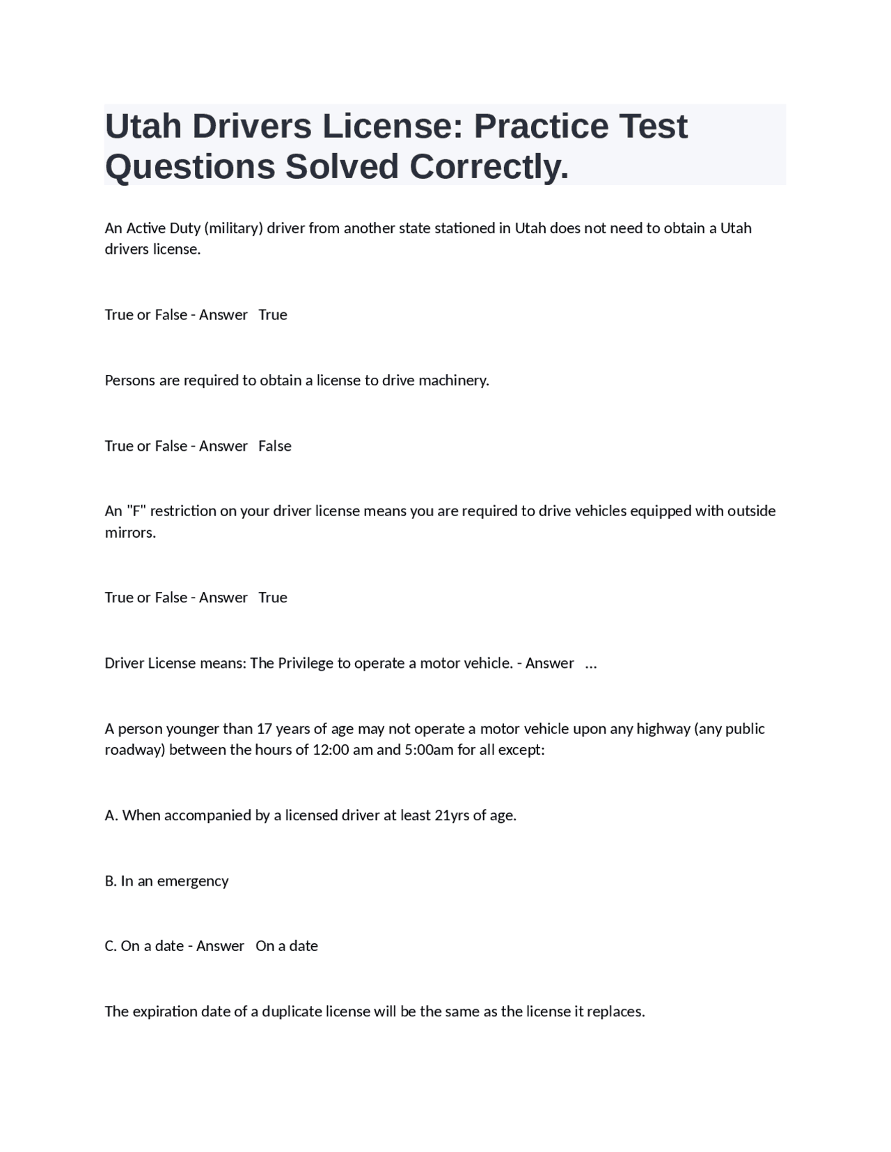 Utah Drivers License: Practice Test Questions Solved Correctly. | Exams ...