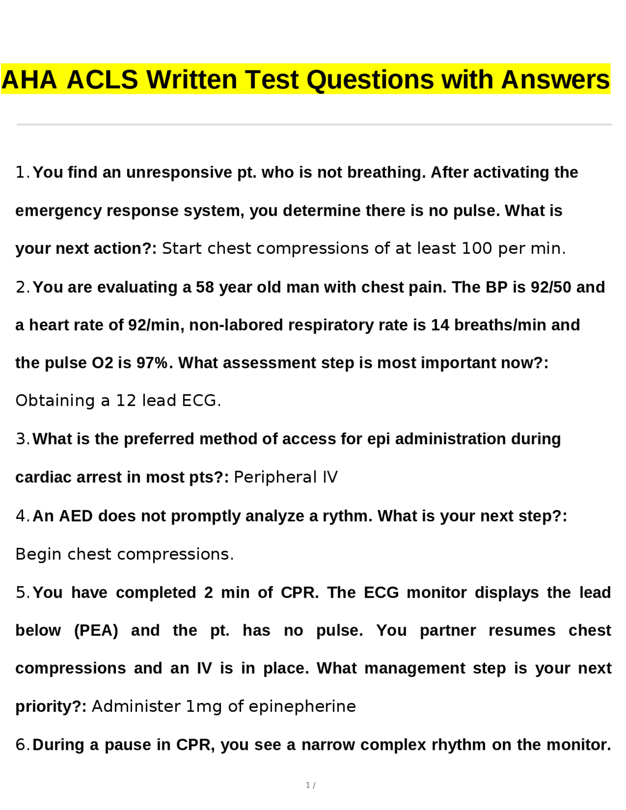 AHA ACLS Written Test Questions with Answers | Exams Cardiology | Docsity