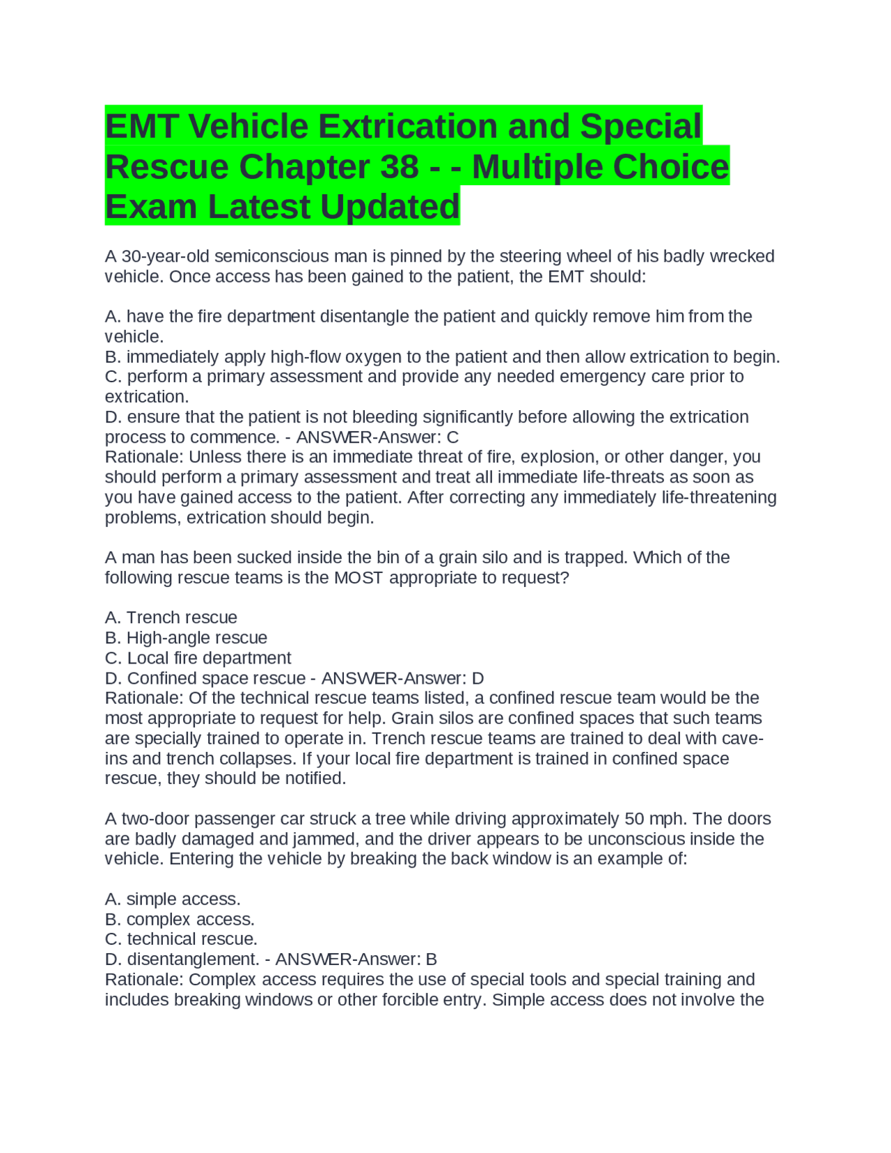 EMT Vehicle Extrication and Special Rescue Chapter 38 | Exams Advanced ...
