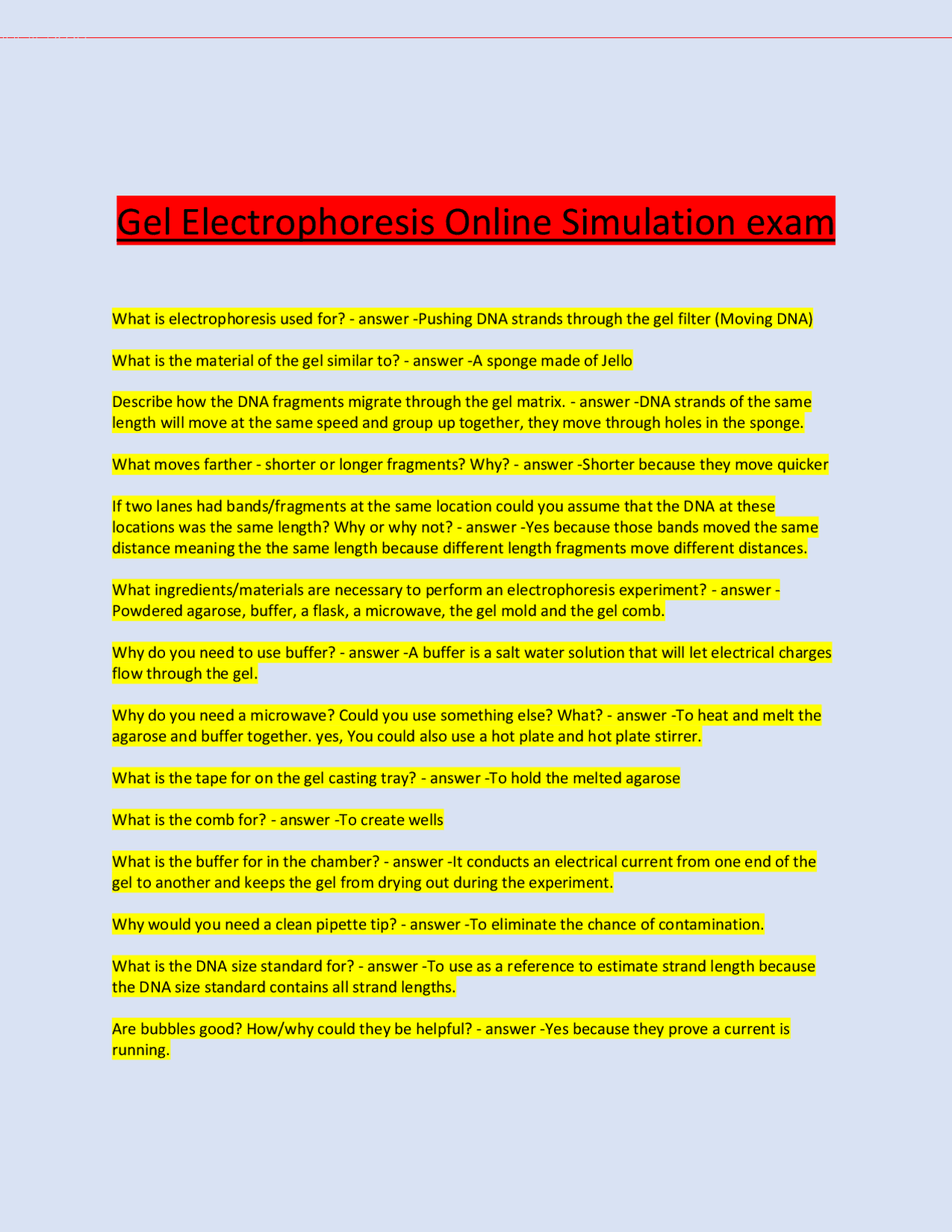Gel Electrophoresis Online Simulation Exam: Questions and Answers ...