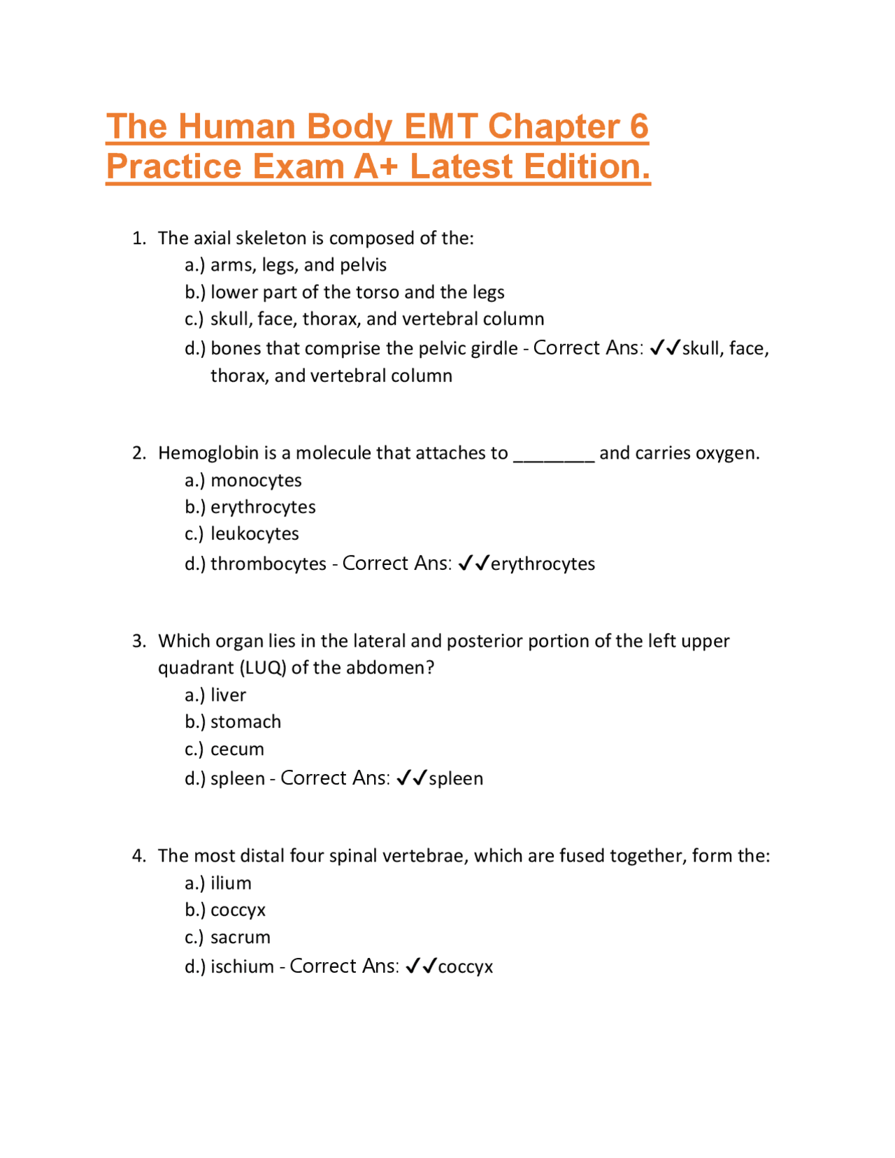Human Body EMT Chapter 6 Practice Exam A+ Latest Edition | Exams ...