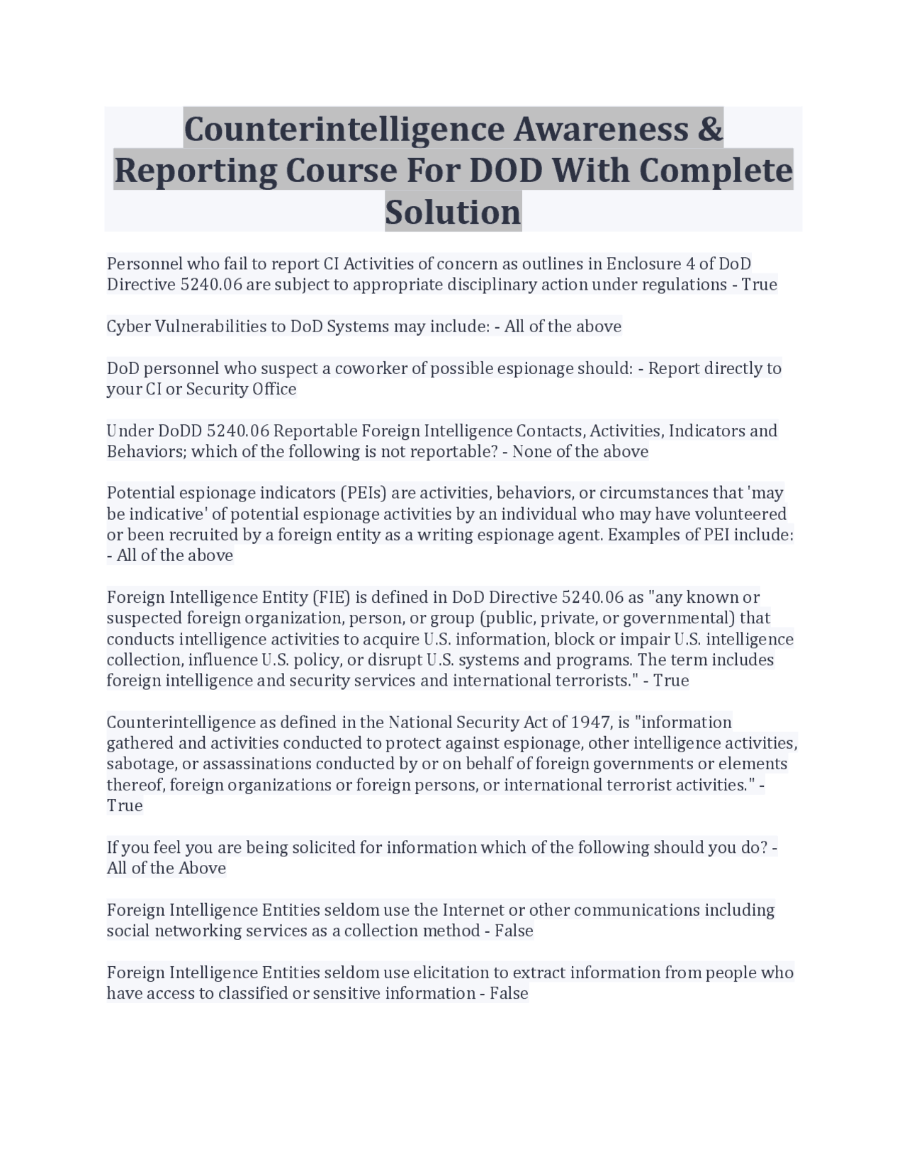 Counterintelligence Awareness & Reporting Course For DOD With Complete ...