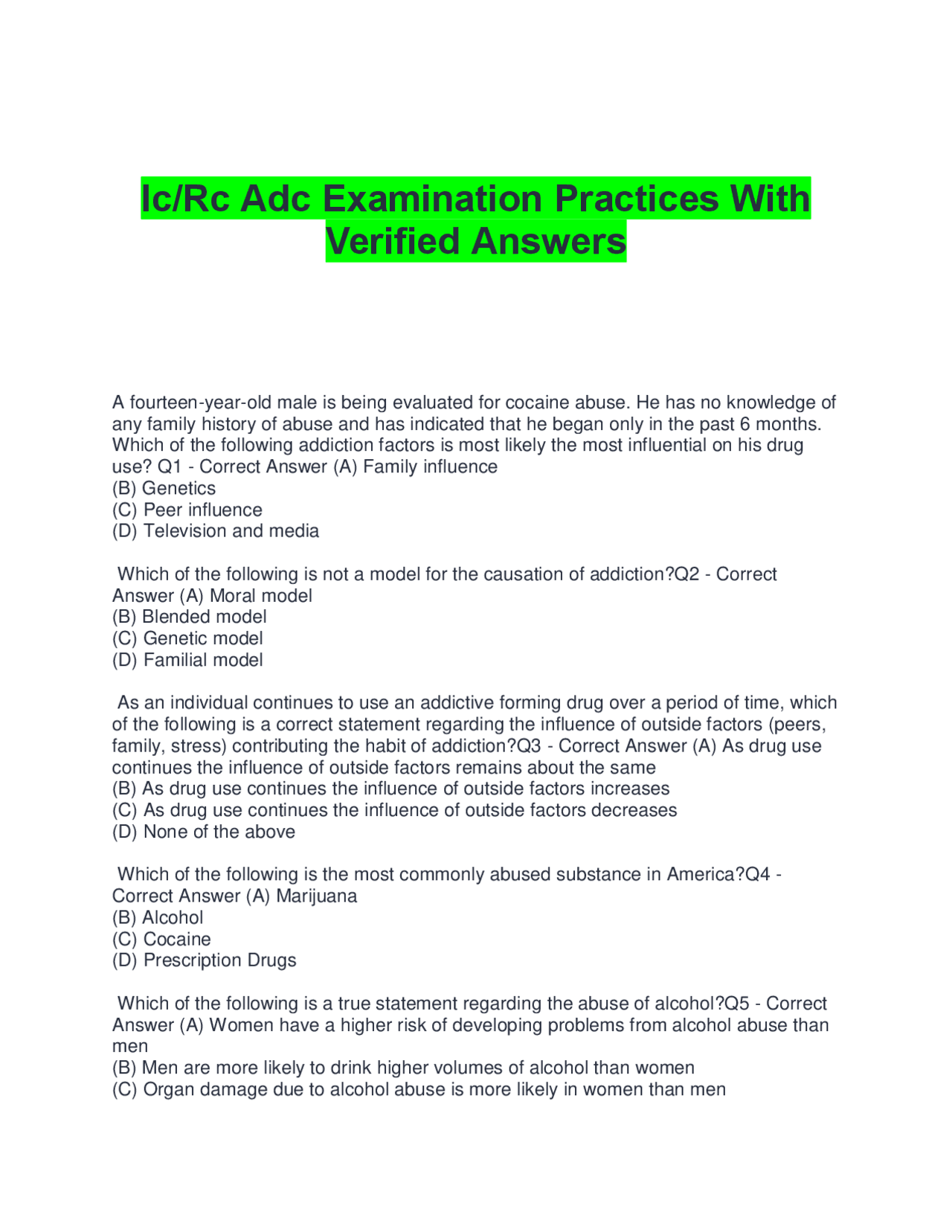 Addiction Examination Practices: Multiple Choice Questions and Answers ...