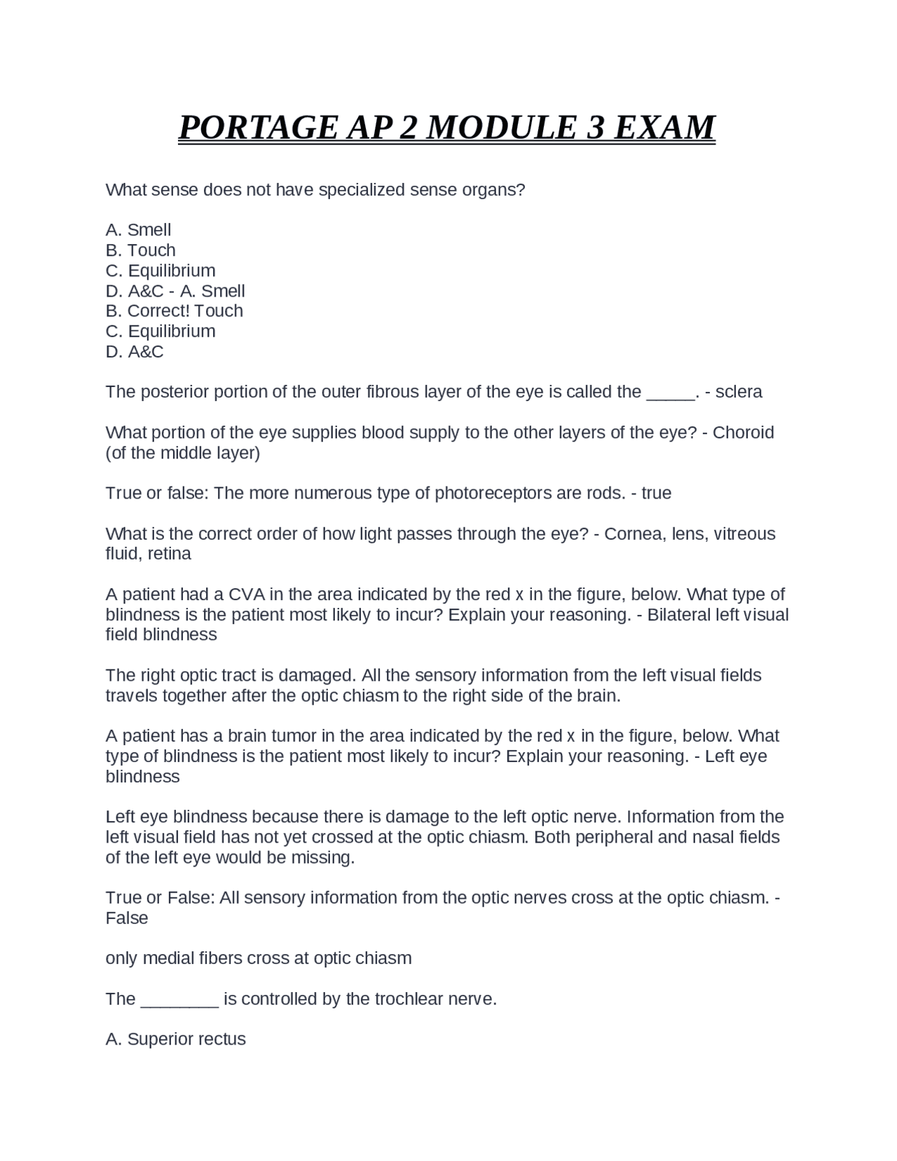 PORTAGE AP 2 MODULE 3 EXAM: Sensory System | Exams Advanced Education | Docsity