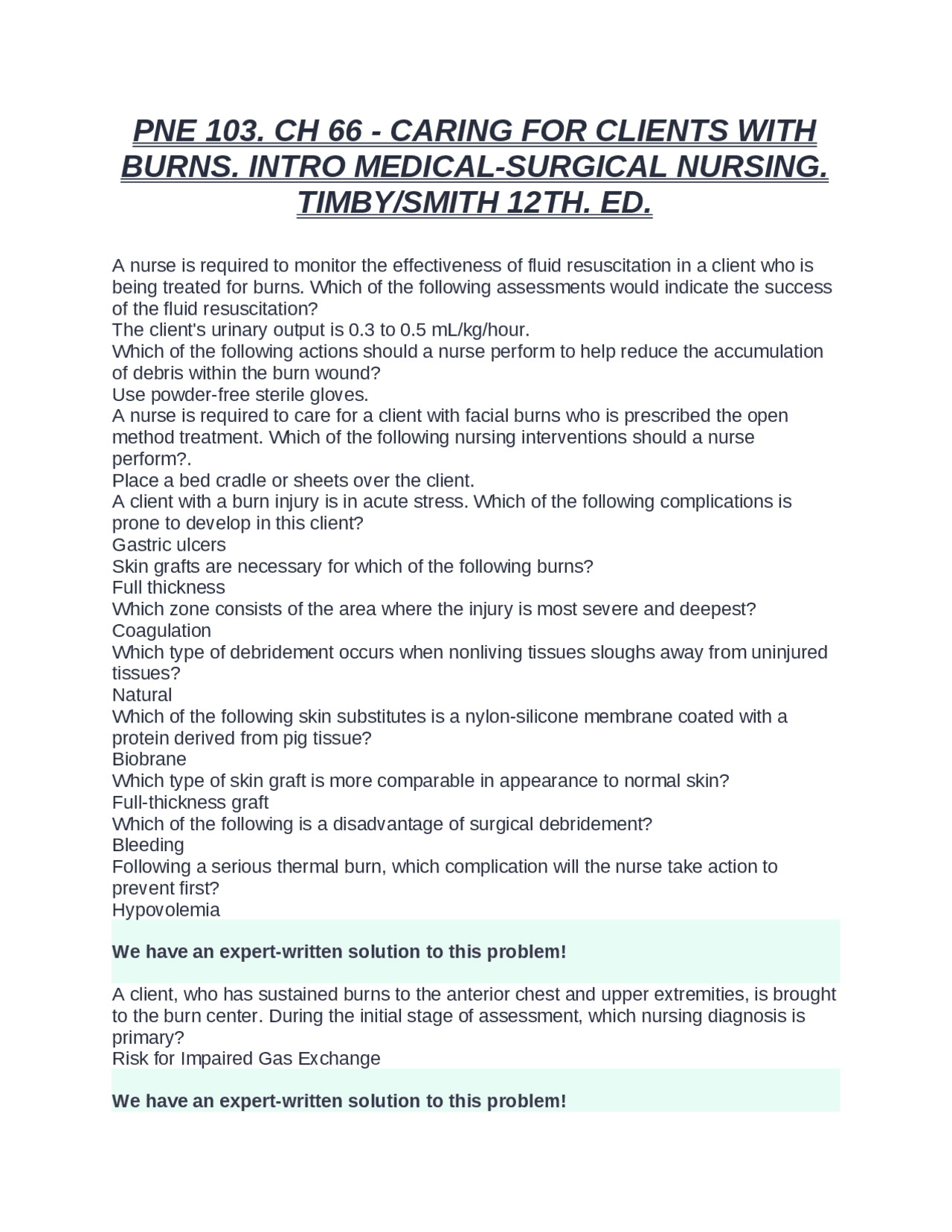 PNE 103. CH 66 - CARING FOR CLIENTS WITH BURNS. INTRO MEDICAL-SURGICAL ...