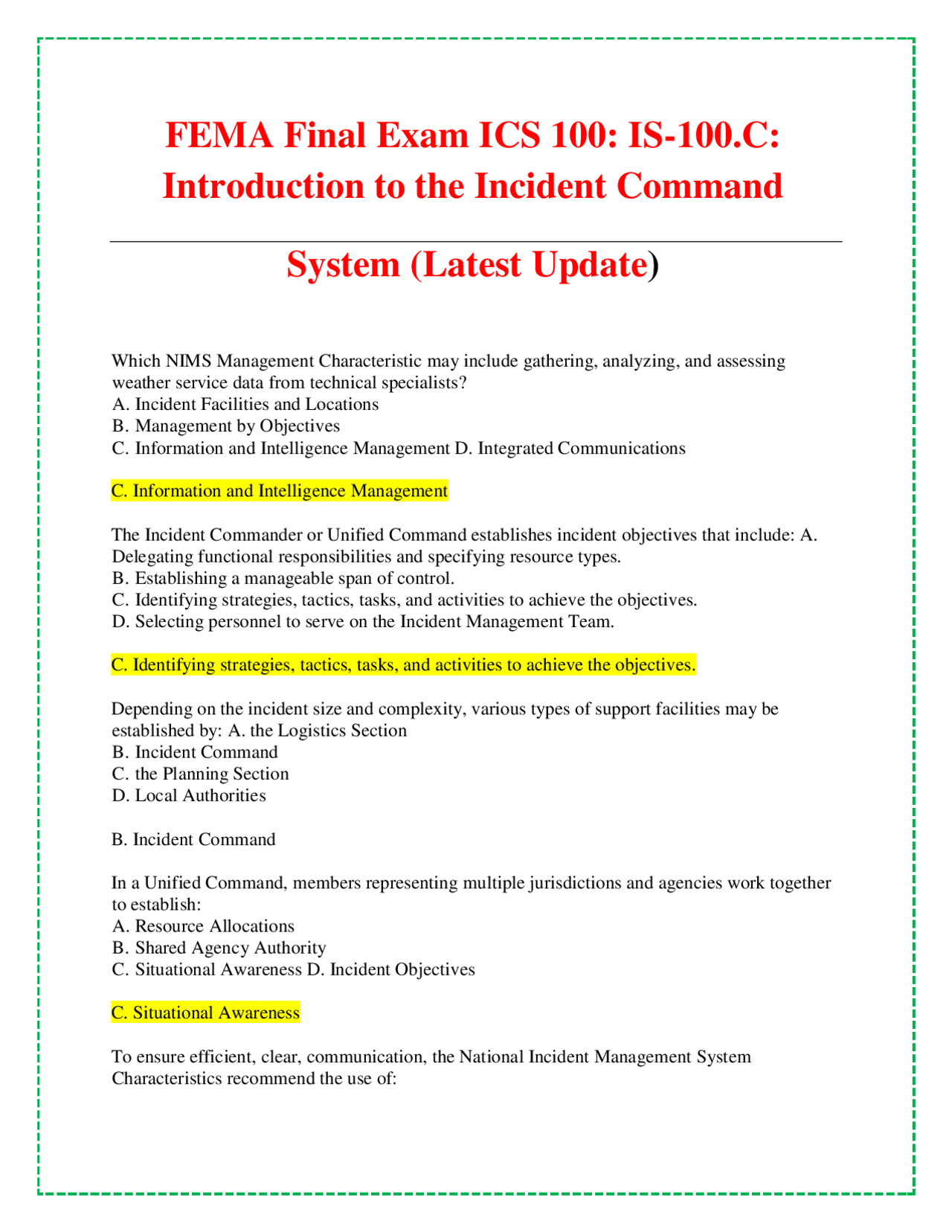 FEMA Final Exam ICS 100: IS-100.C: Introduction to the Incident Command ...